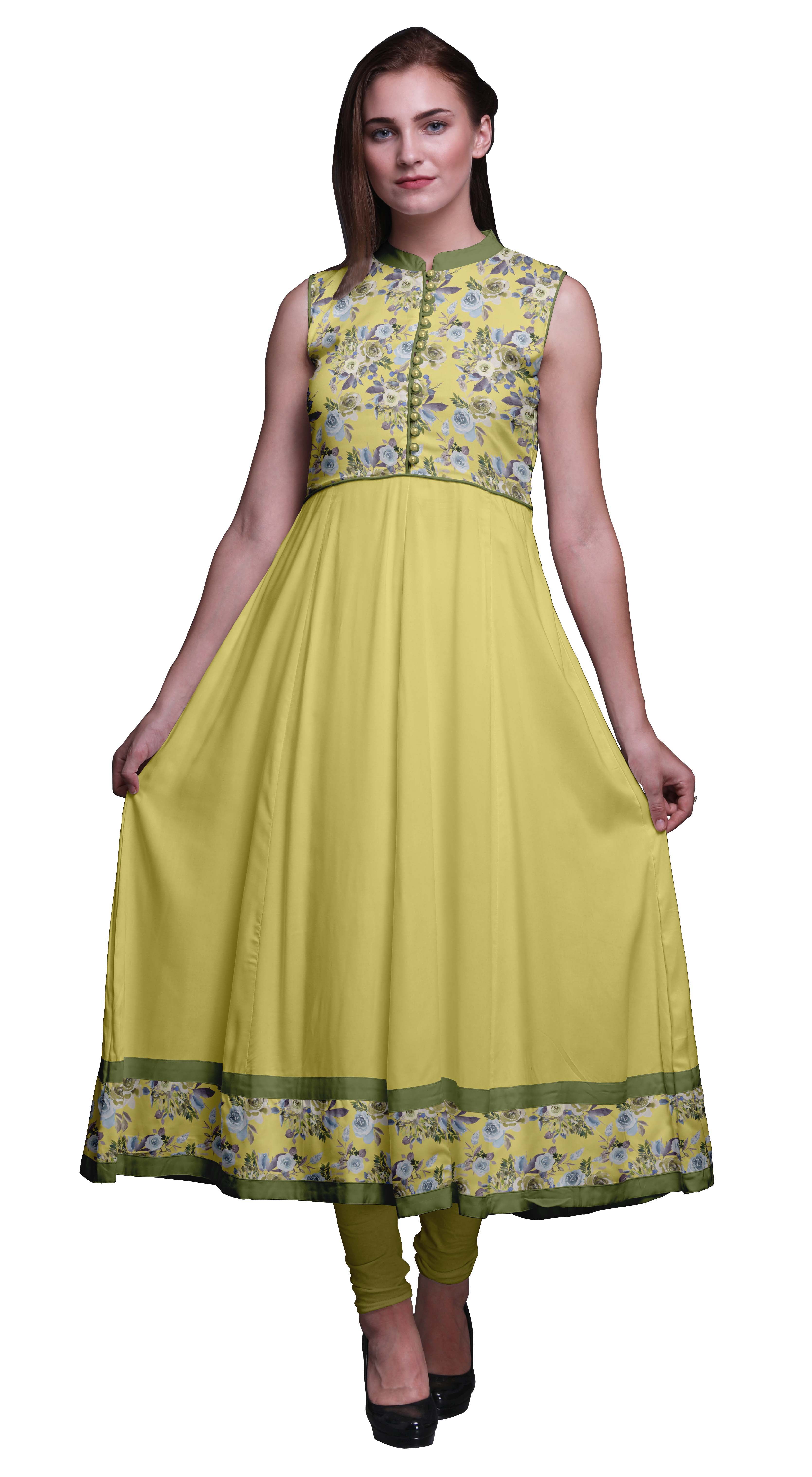 Bimba Medium Yellow Floral Indian Kurtis For Women Solid Readymade Anarkali Dress Printed Indian ...