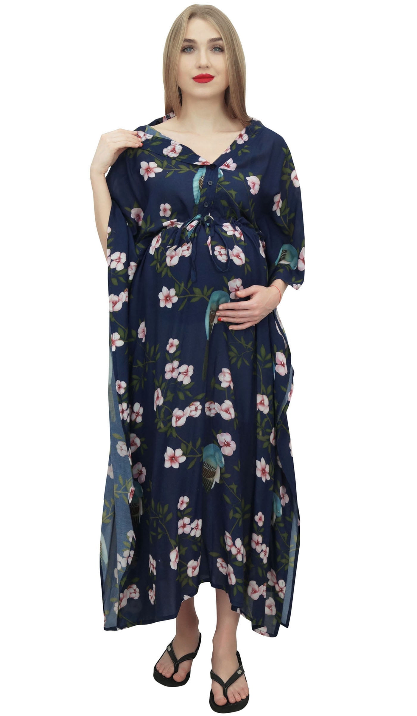 Bimba Moms Kimono Sleeve Blue Maternity Kaftan Drawstring Maxi Dress-20 ...