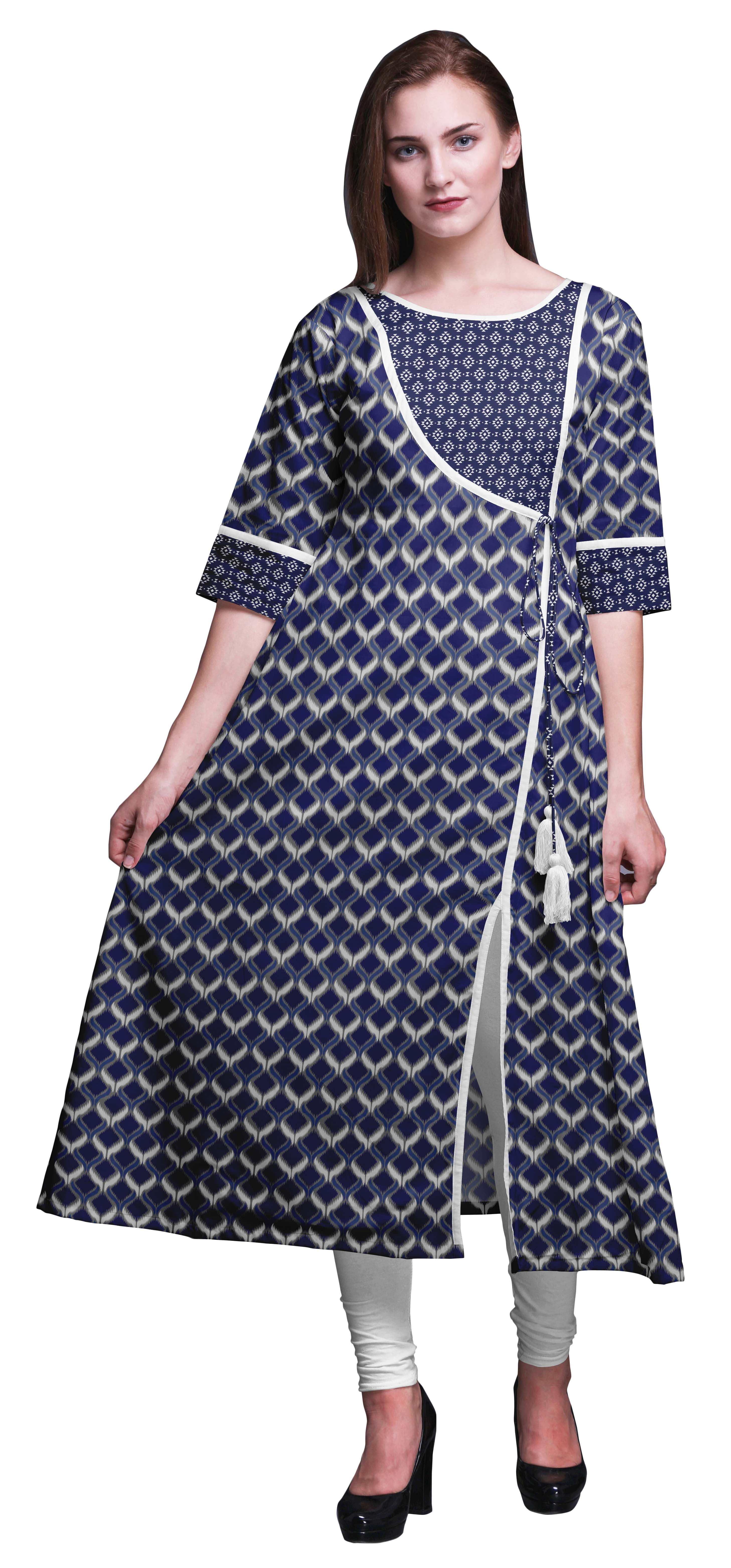 Bimba Navy Blue Ikat Ogee Printed Tops For Women Angrakha Kurti Summer ...