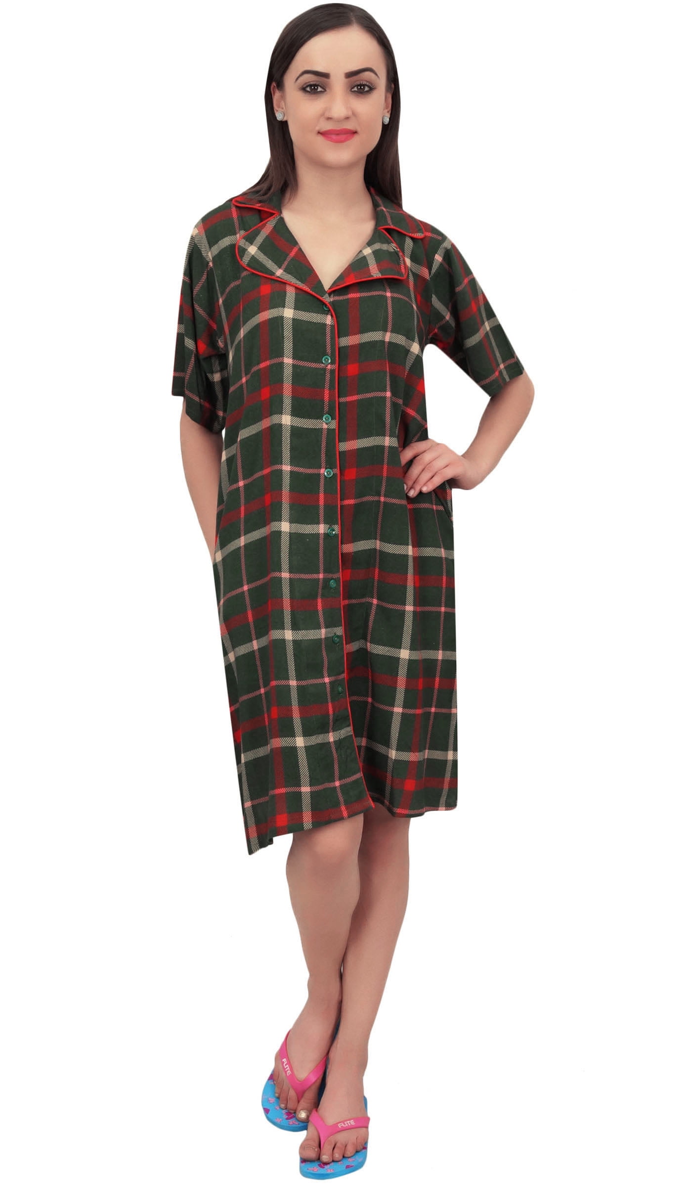 Bimba Olive Green Check Print Short Sleeve Women Shirt Night Dress With ...