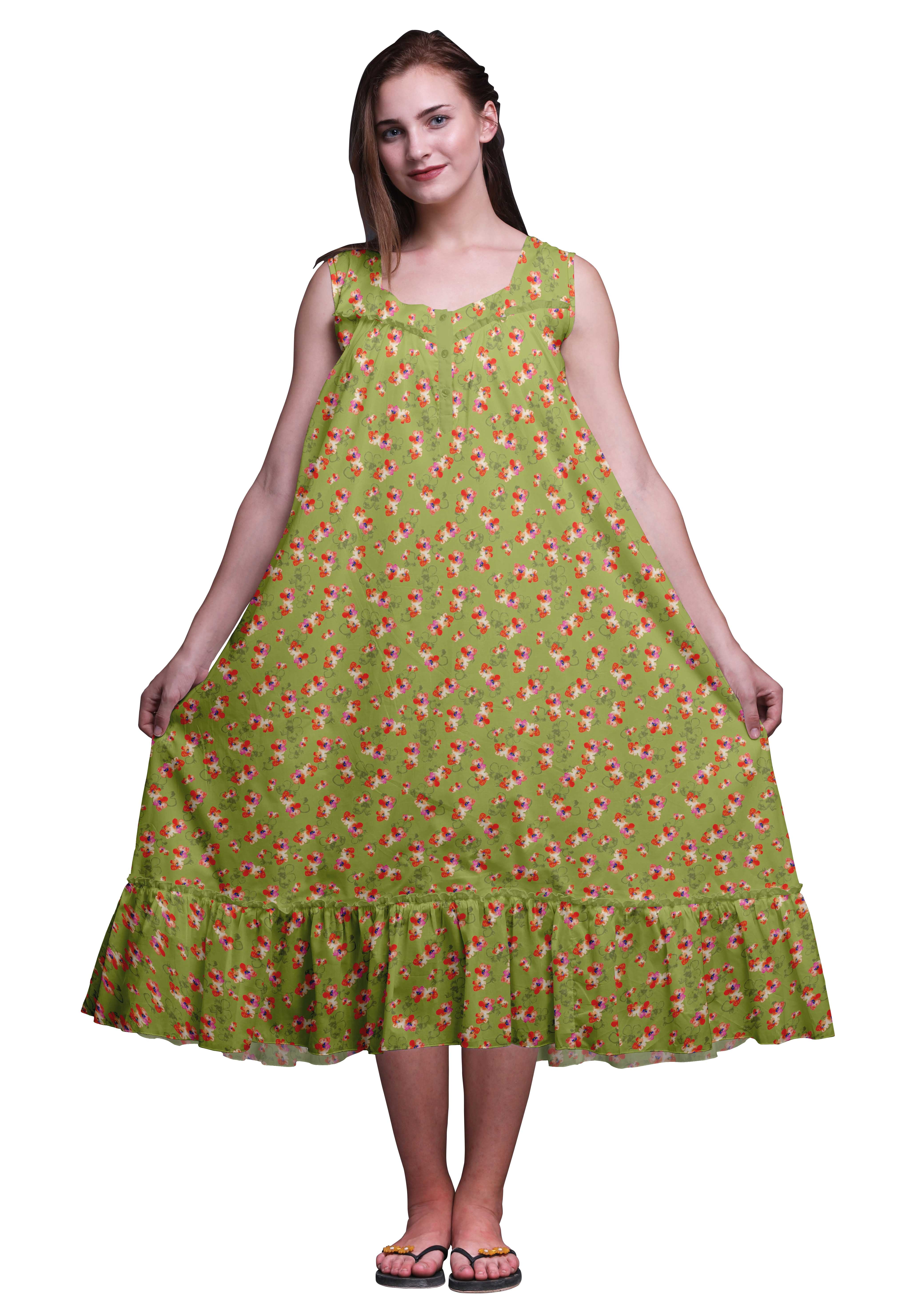 Bimba Olive Green3 Watercolor Flower Printed Cotton Nightgowns For ...