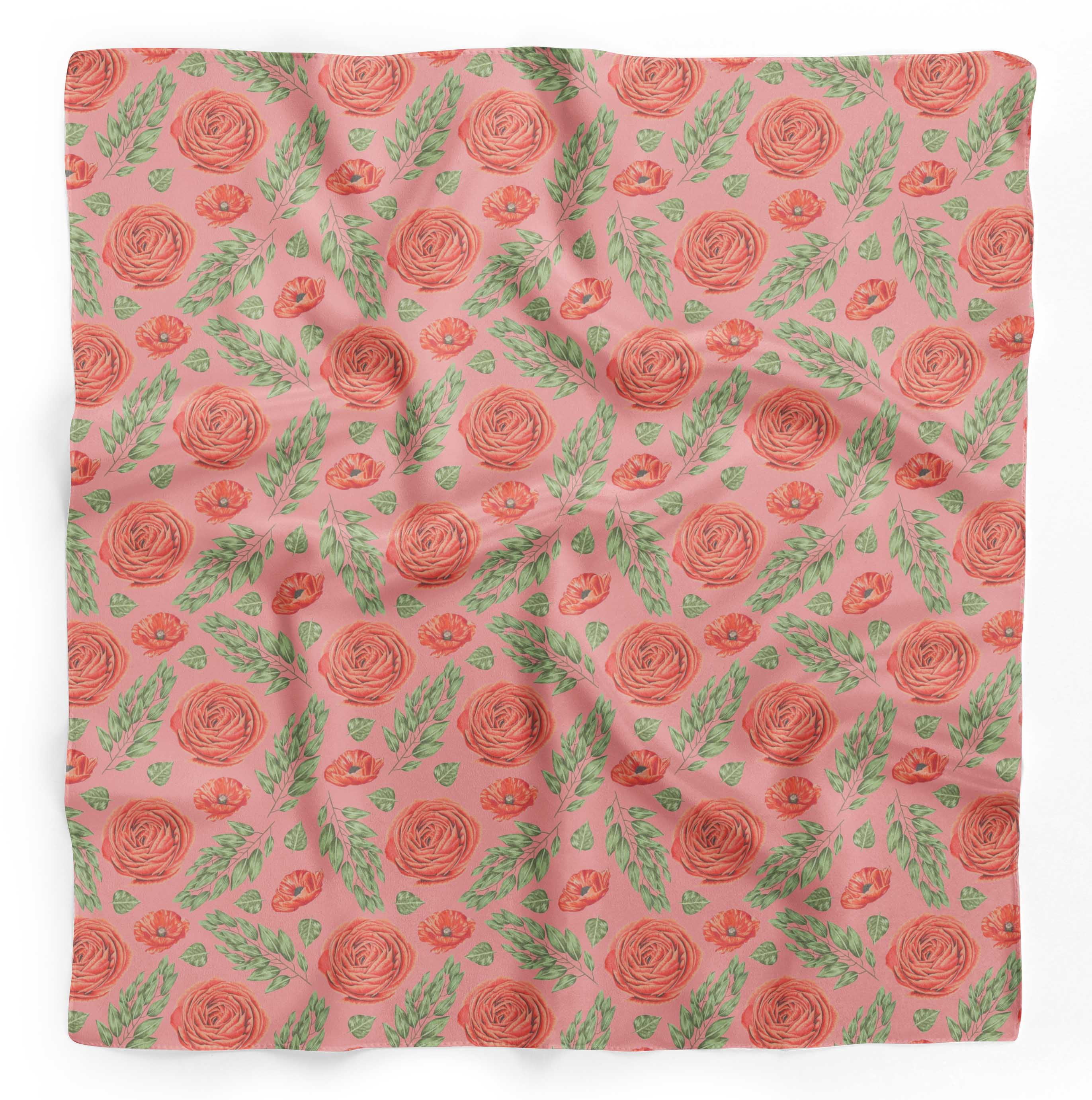 Bimba Orange Laurel Leaves & Camellias Floral Printed Pure Silk Scarf ...