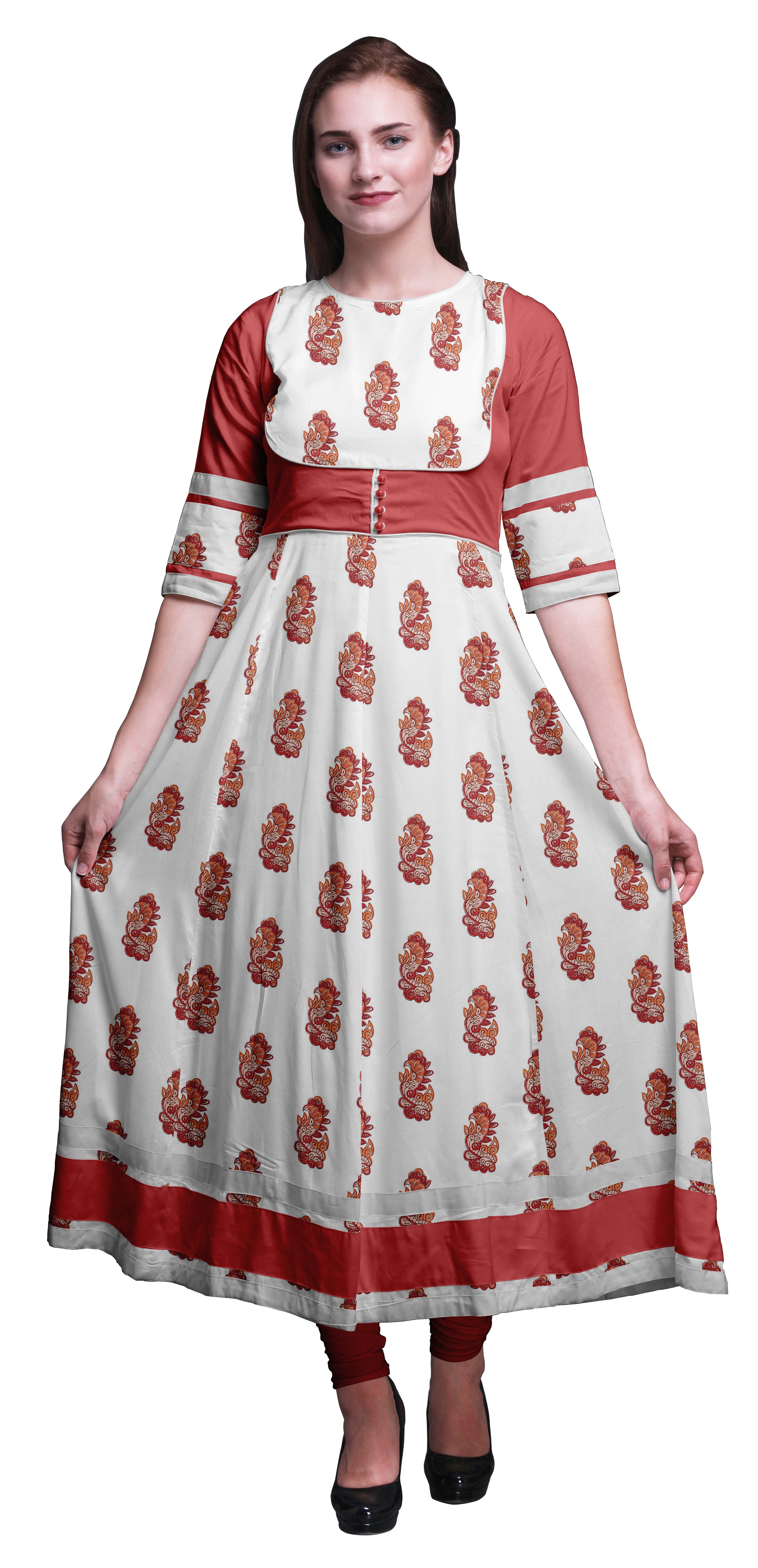 Bimba Orange Swirl & Floral Block Printed Anarkali Dress For Women Indian KurtiFlared Kurta ...