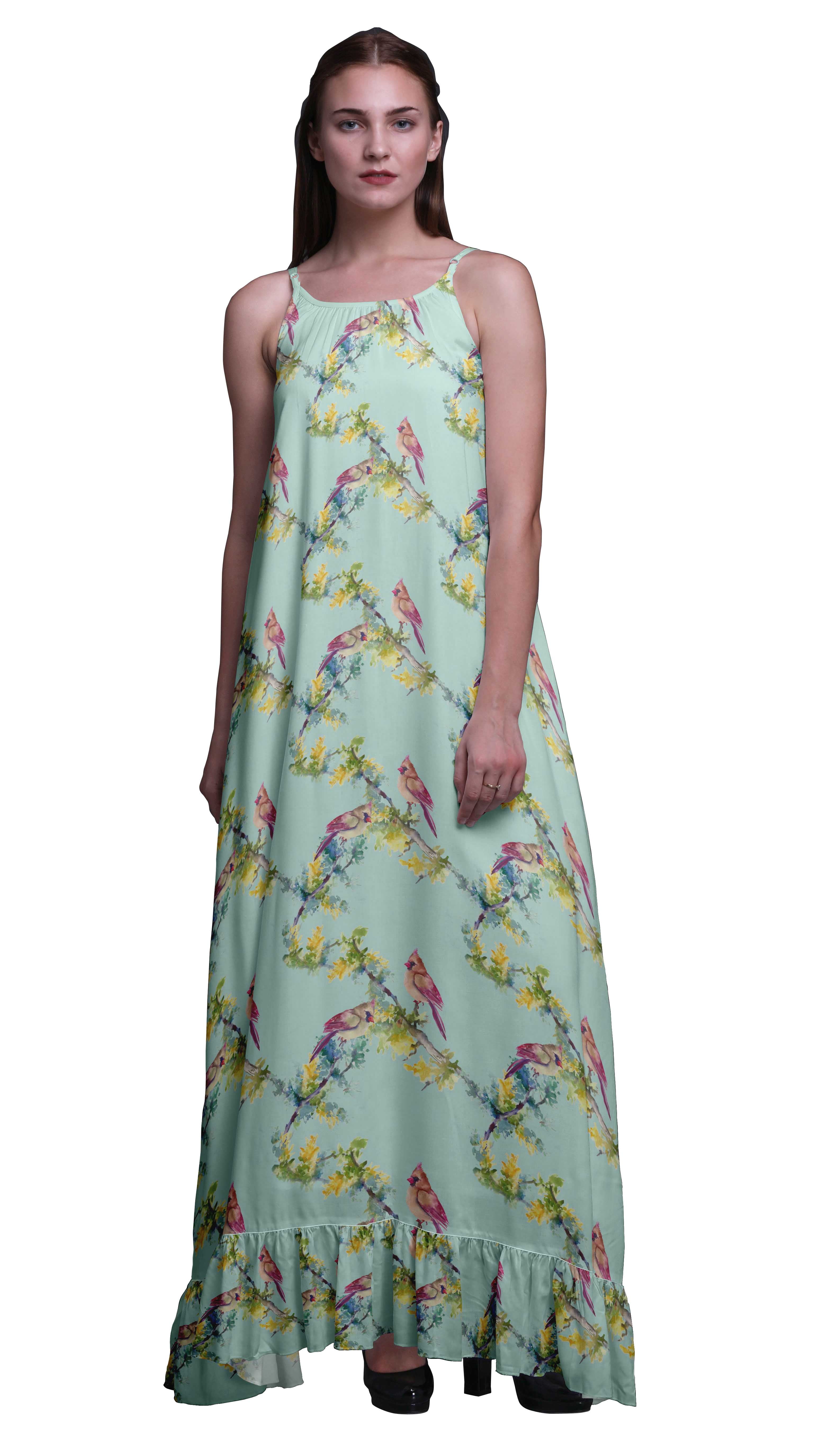 Bimba Pastel Mint Bird Bulbul Printed Nightwear For Women Long ...
