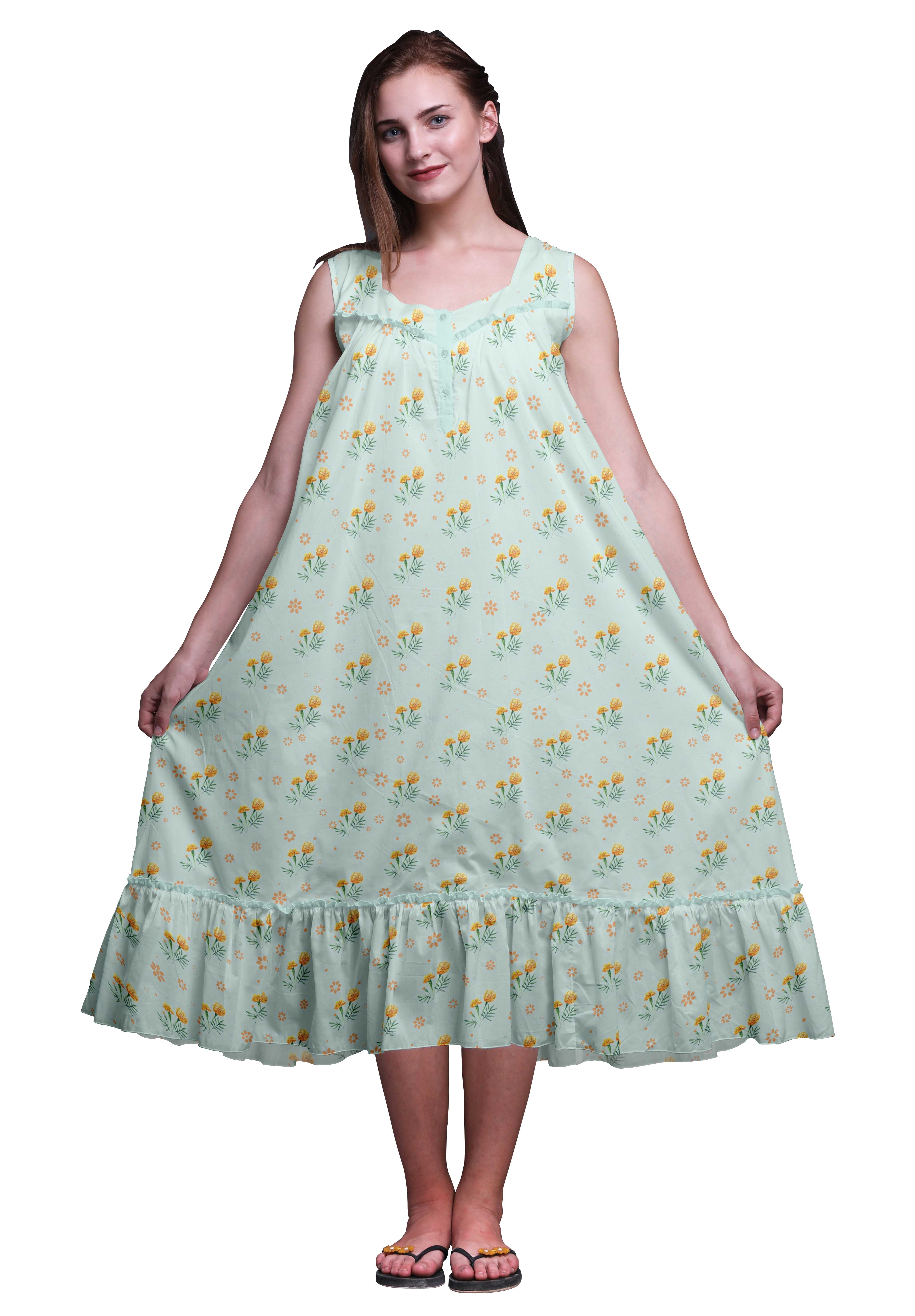 Bimba Pastel Mint4 Floral Marigold Mid Calf Nightwear Ladies Cotton ...