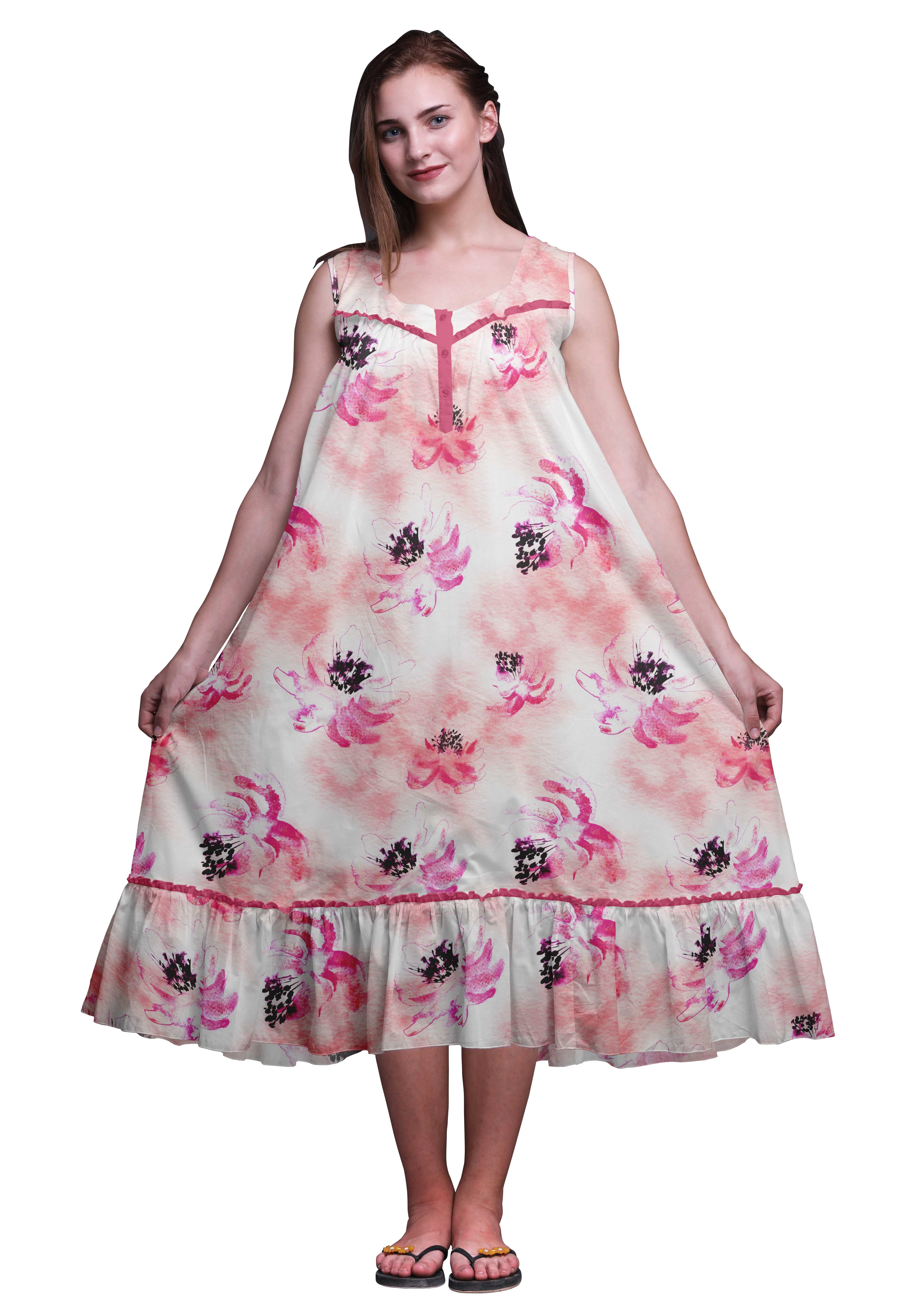 Bimba Pink11 Watercolor Flower Mid Calf Nightwear Ladies Cotton Printed ...