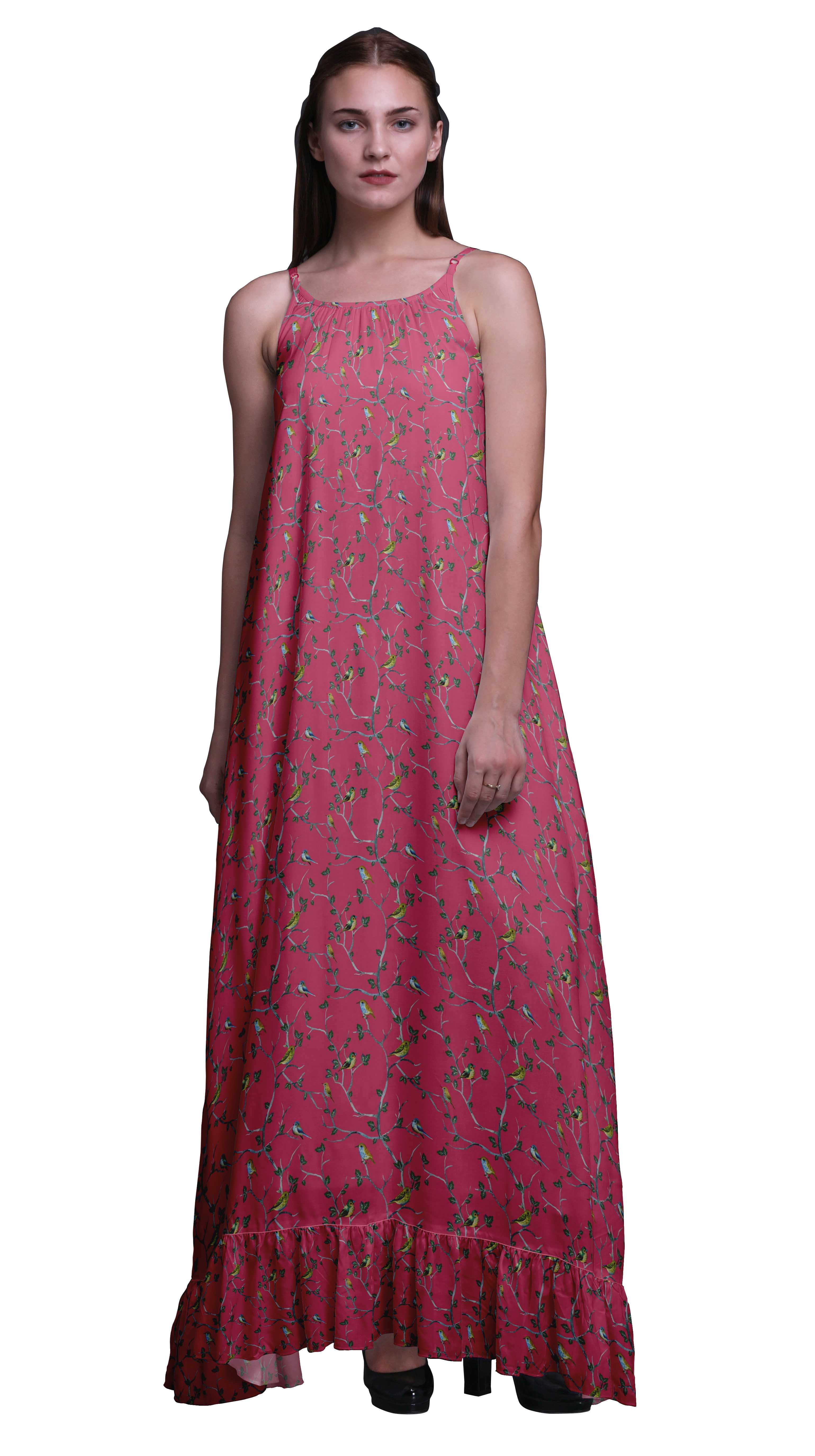 Bimba Pink4 Bird Leaves & Flycather Printed Long Maxi Dress For Women ...
