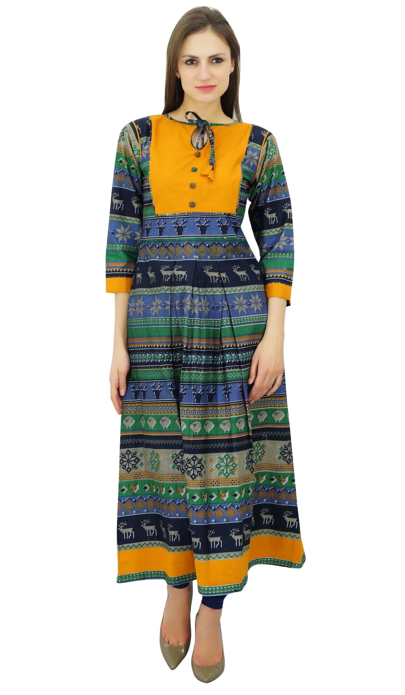 Bimba Printed Cotton Anarkali Kurti Contrast Yoke Maxi Tunic Casual ...