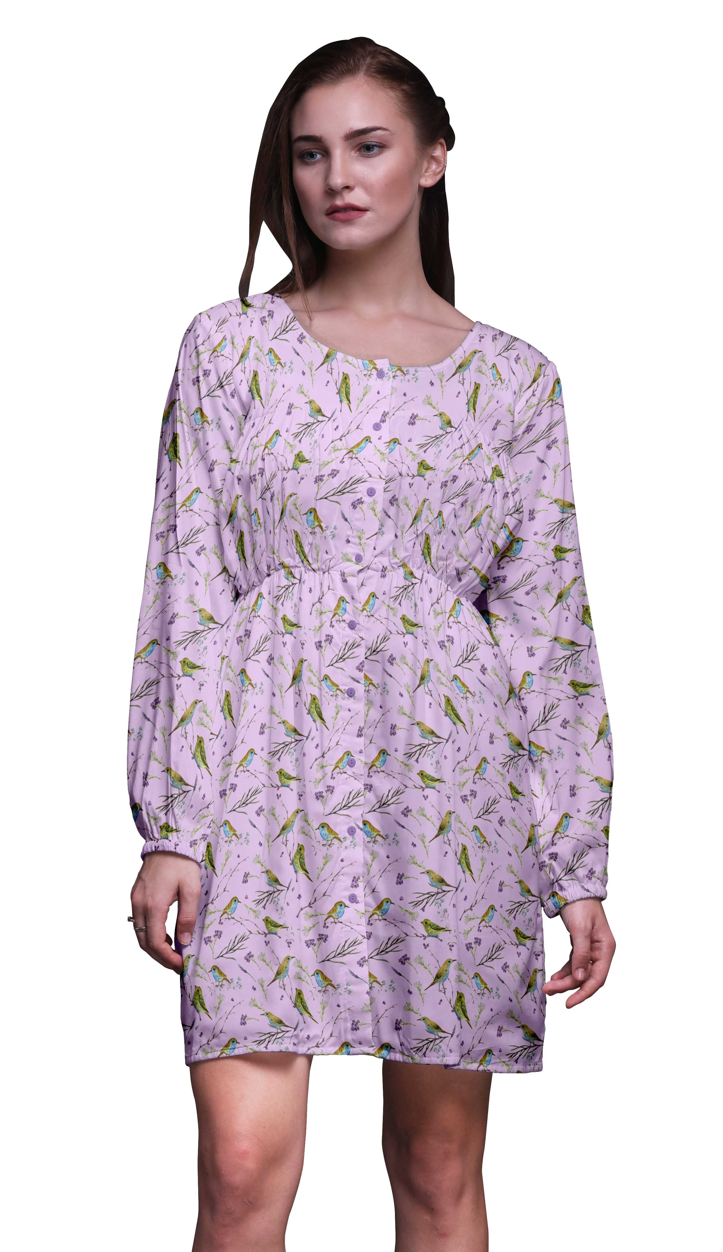Bimba Purple Blue Berries & Flowerpecker Bird Printed Relaxed Fit Women ...