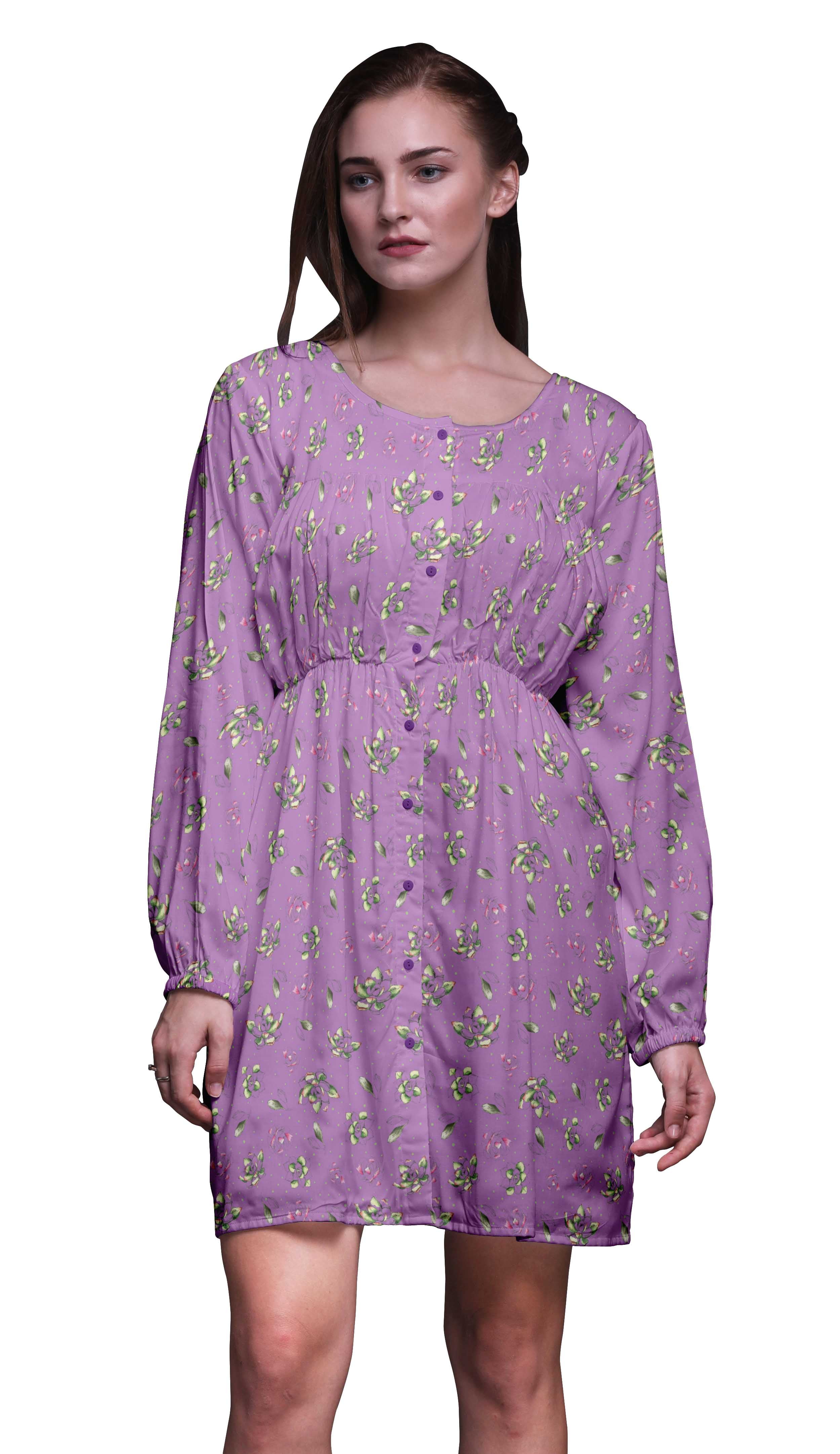 Bimba Purple Lemur & Anemone Floral Button Down Midi Dress Women Tunic ...