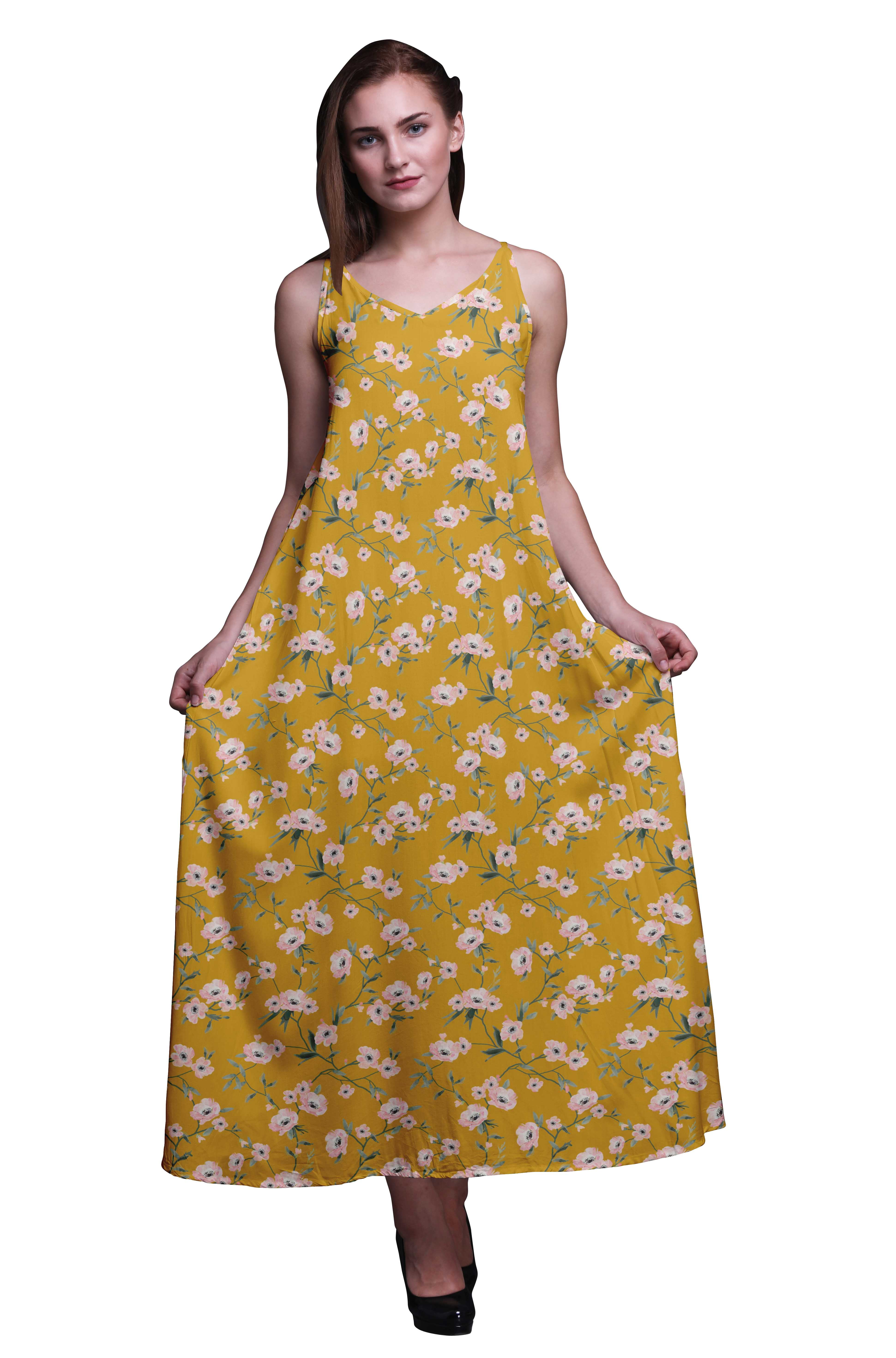 Bimba Rayon Floral Printed Womens Long Dress Chic Bohemian Summer Maxi ...