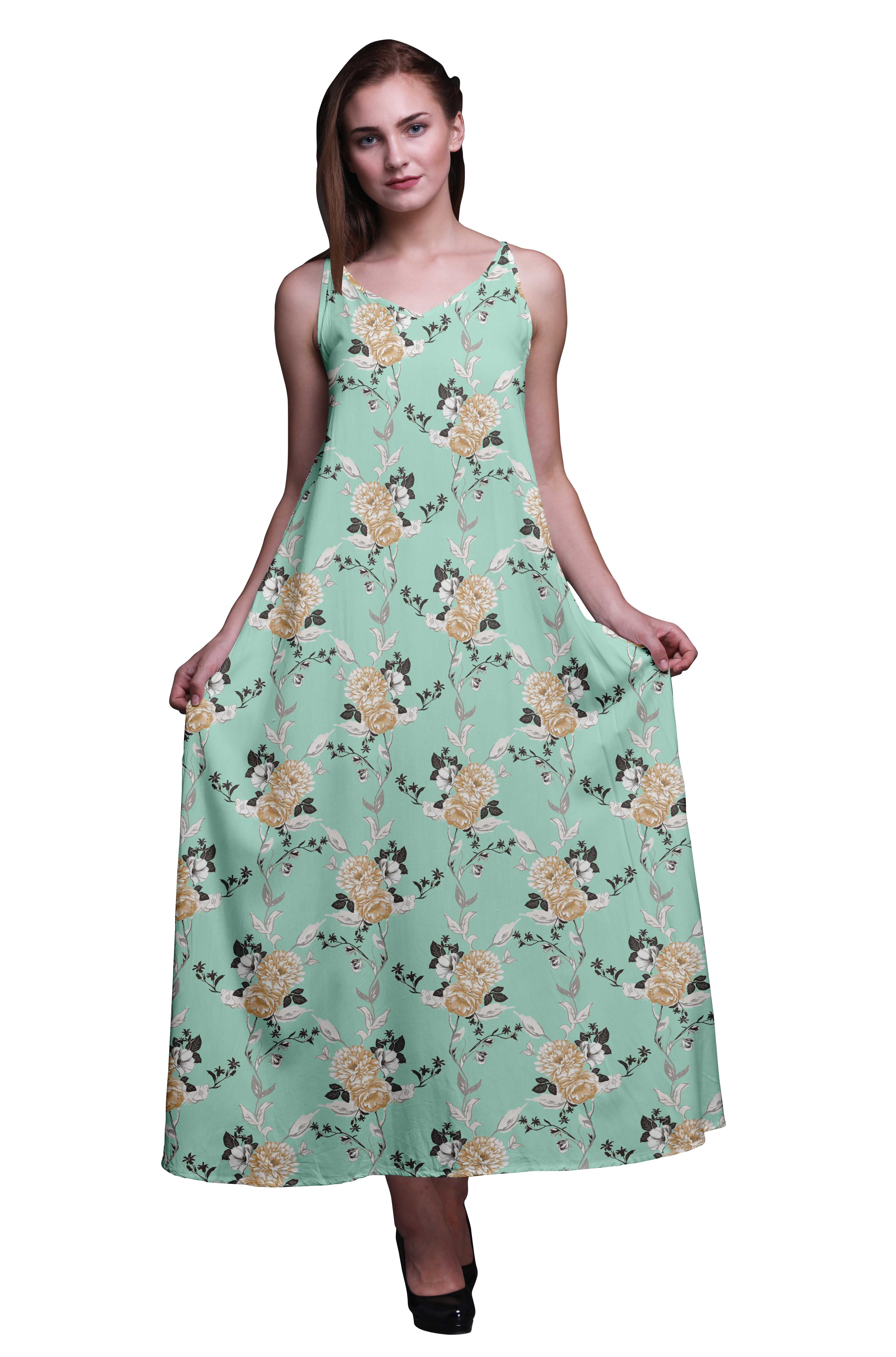 Bimba Rayon Floral Womens Long Casual Dress Spaghetti Strap Summer Maxi ...