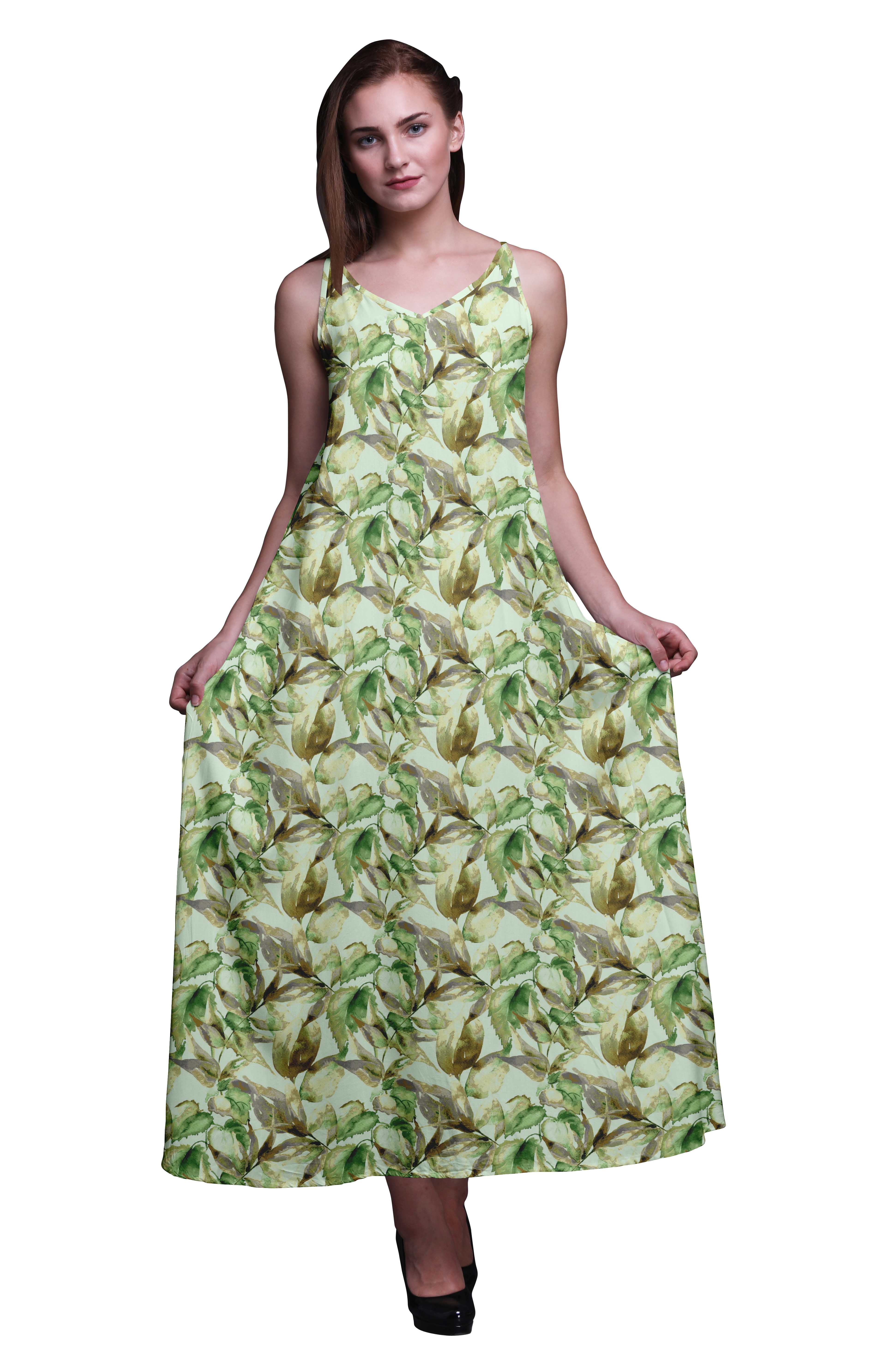 Bimba Rayon Leaves Womens Long Casual Dress Spaghetti Strap Summer Maxi ...