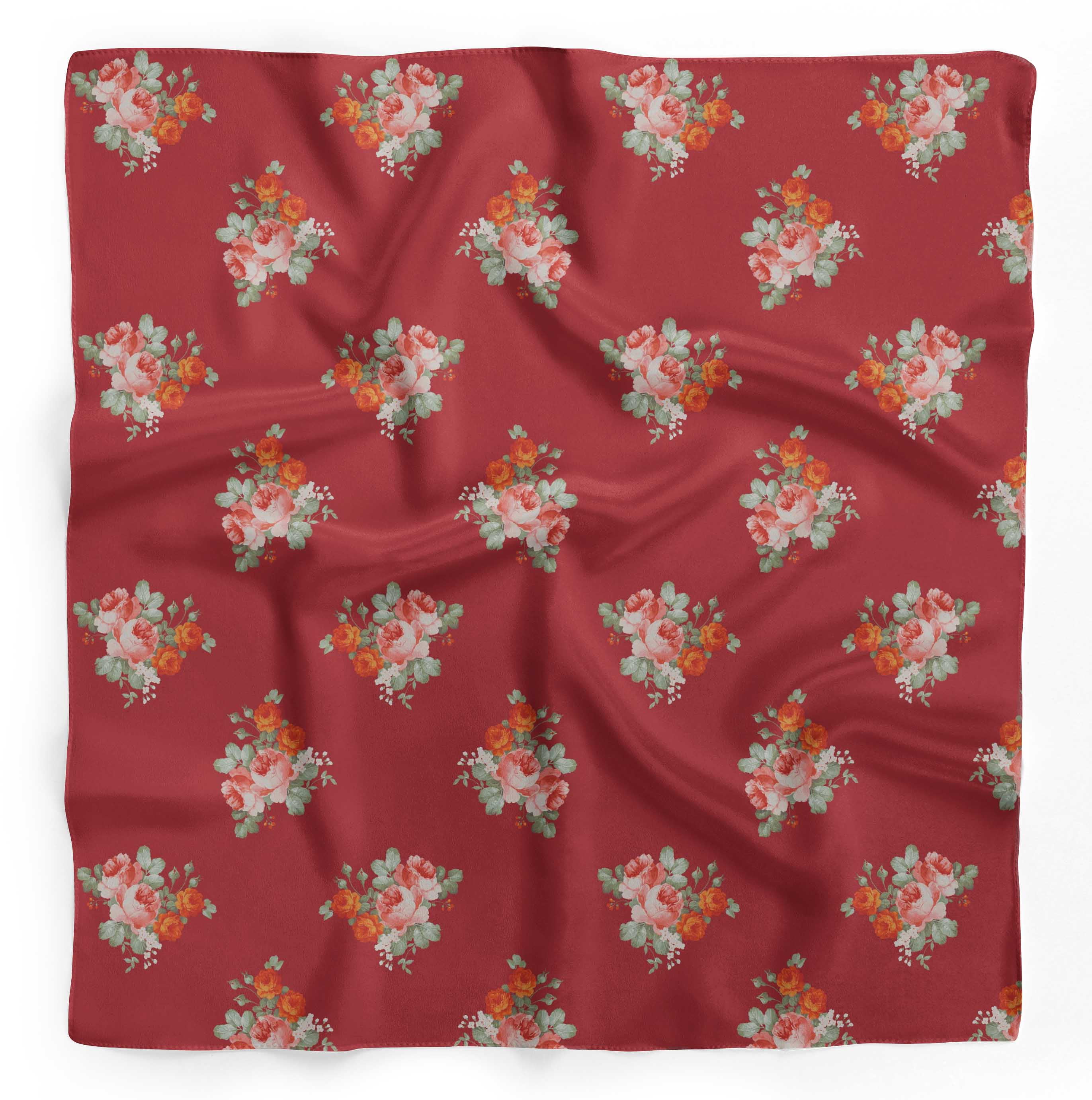 Bimba Red Leaves & Grandiflora Roses Floral Pure Silk Printed Scarf ...