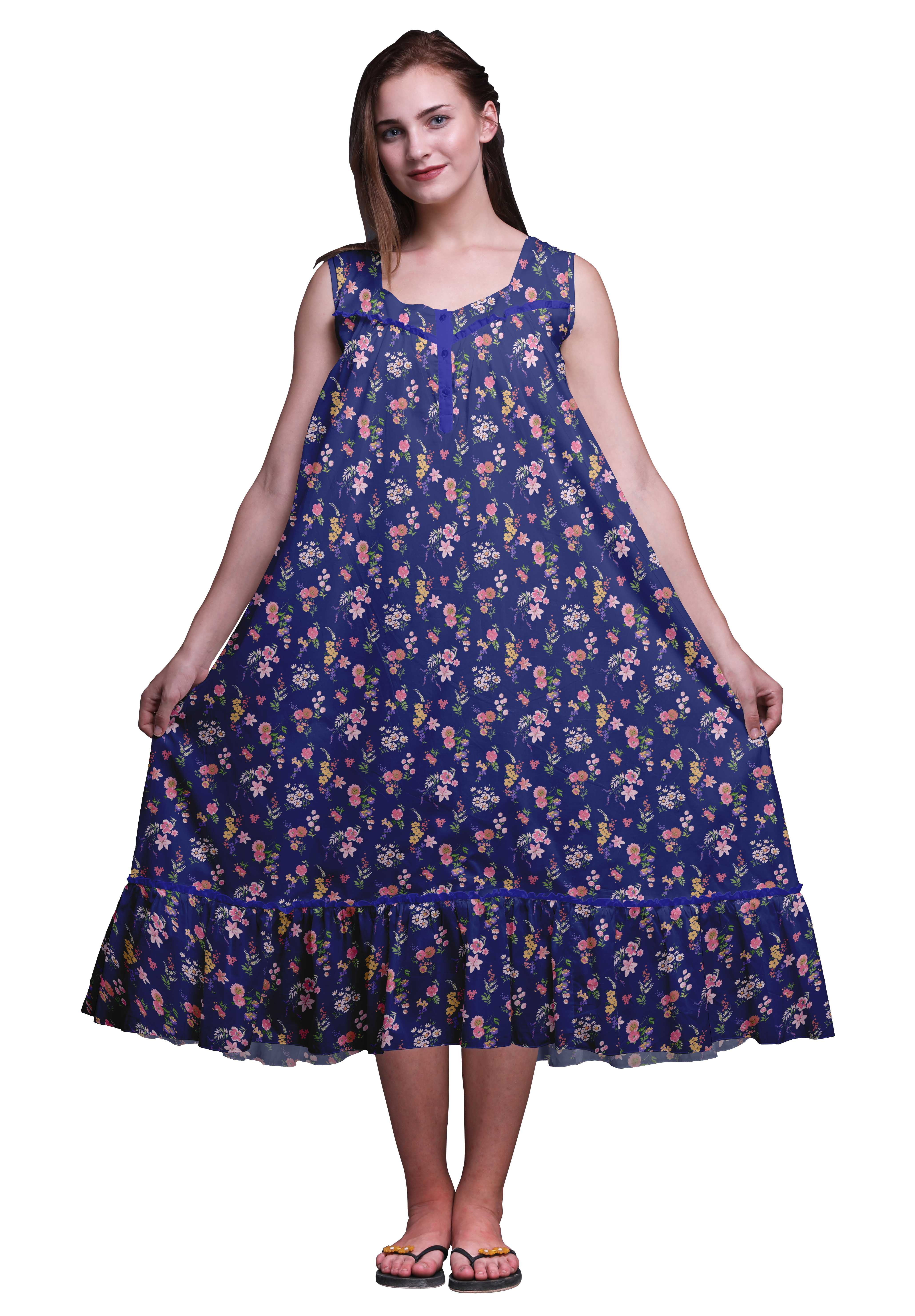 Bimba Royal Blue Floral Leaves & Sleeveless Night Gown For Women s ...