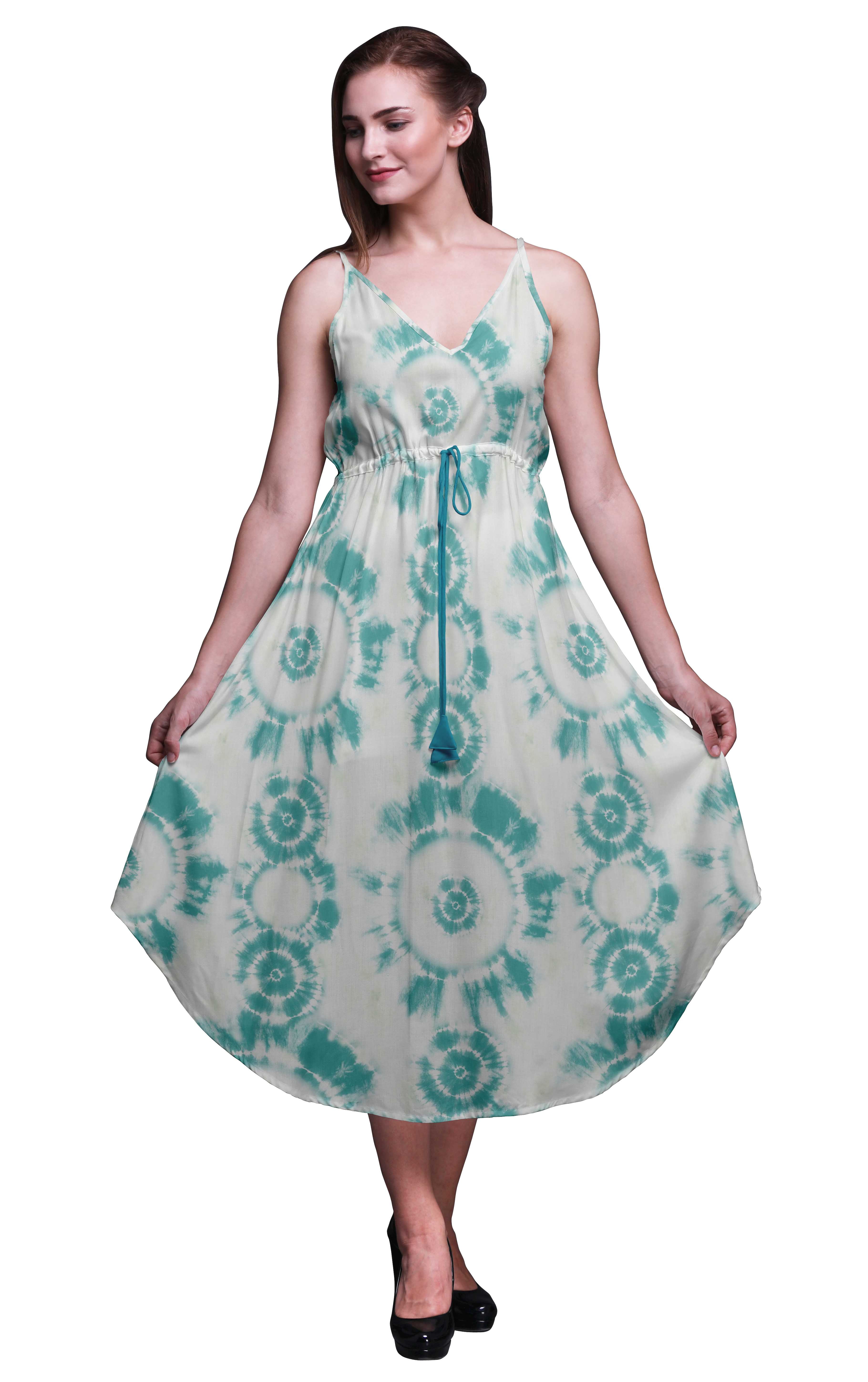 Bimba Tie-Dye Ladies Printed Resort Midi Drawstring Dress Spaghetti ...