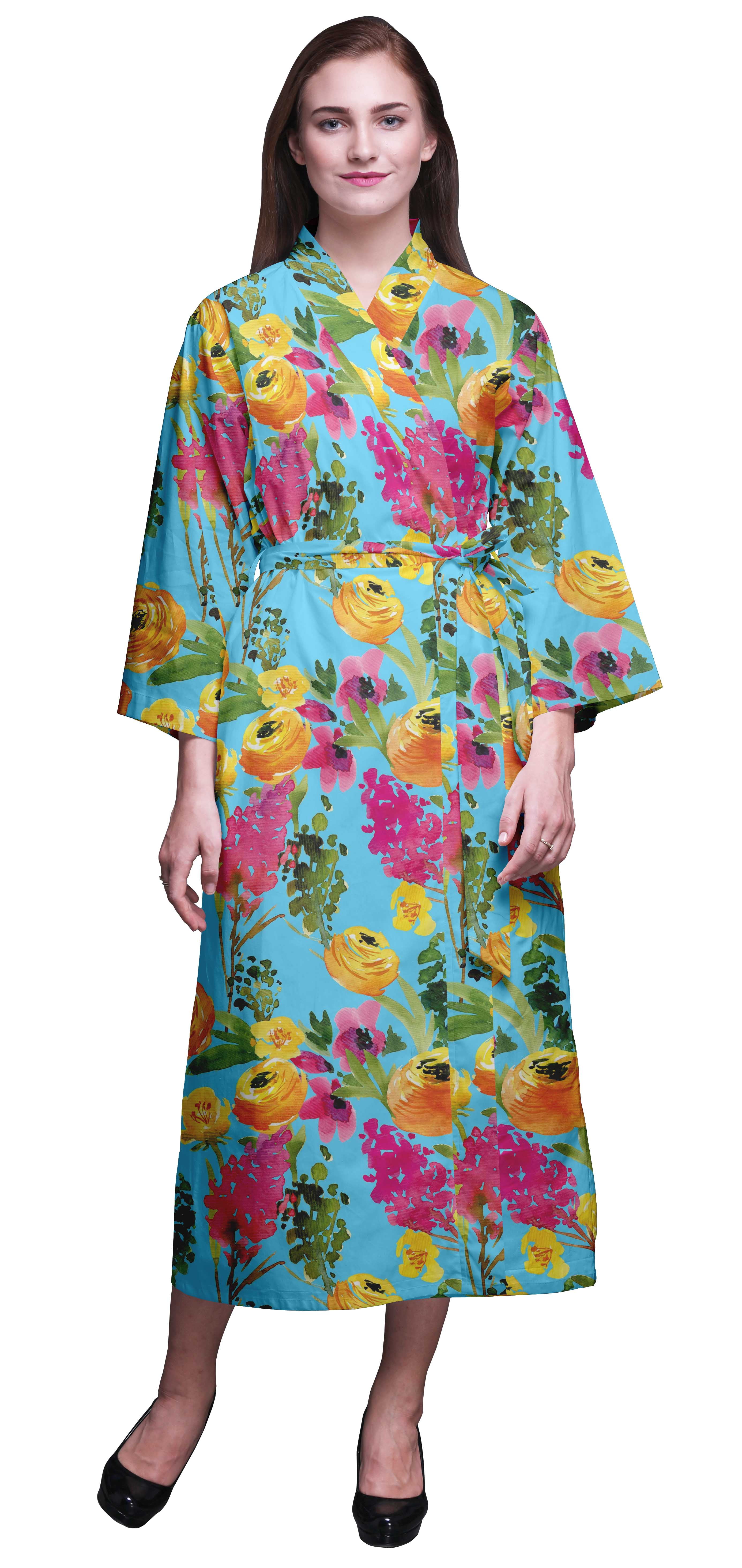 Bimba Turquoise Blue Flower Leaves & Floral Bathrobes for Women Wrap ...