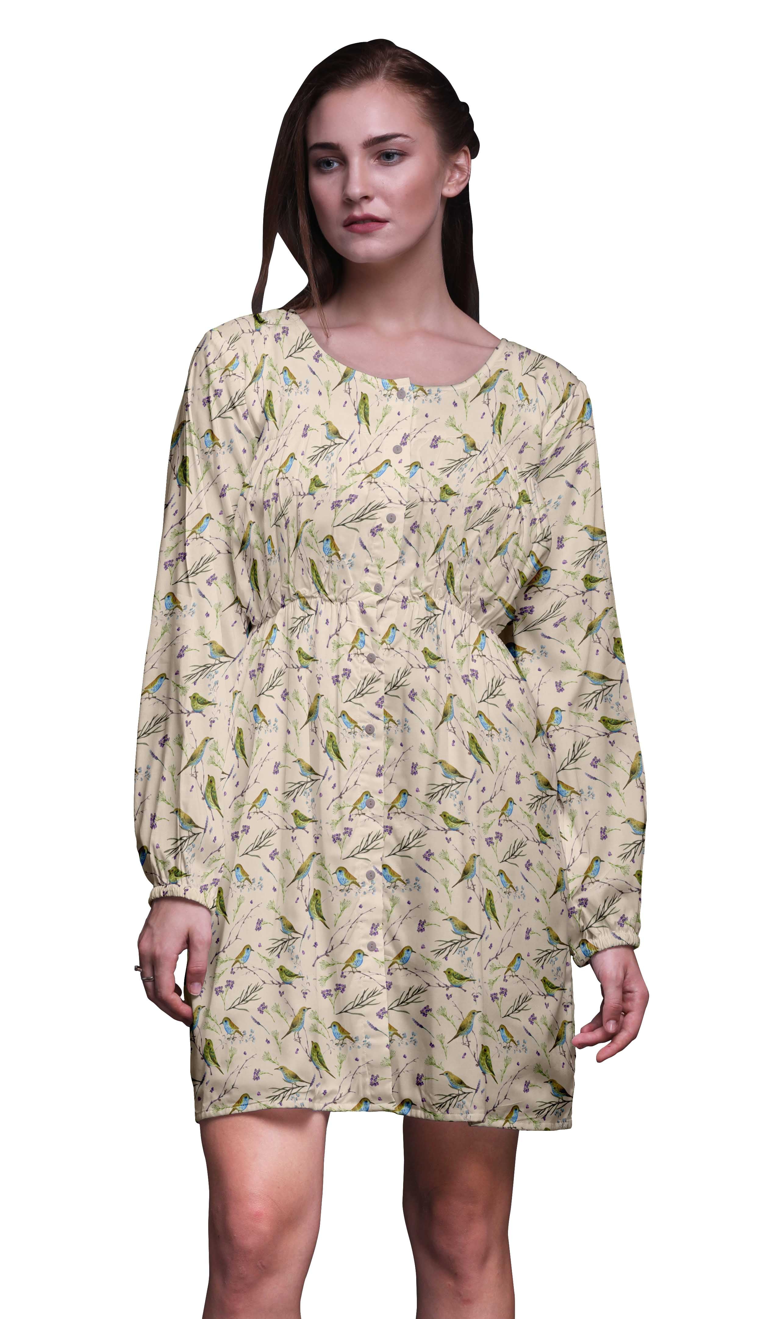 Bimba White Blue Berries & Flowerpecker Bird Printed Relaxed Fit Women Long Sleeve Button Down ...