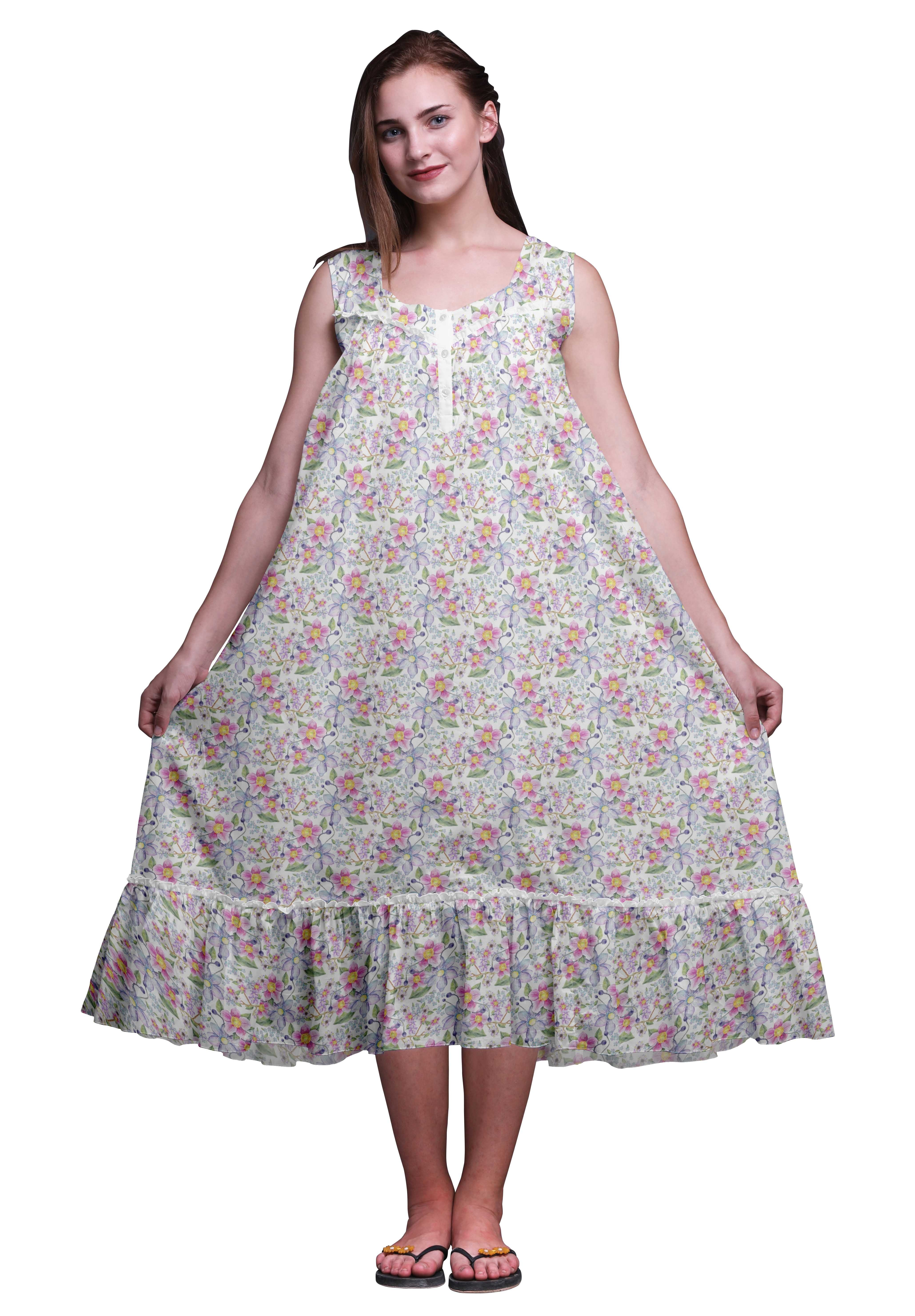 Bimba White Floral Anemone & Lavender Blue Flower Sleeveless Night Gown ...