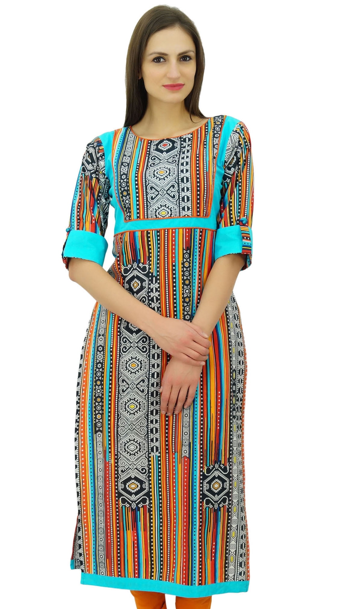 Bimba Women 3/4 Sleeve Printed Straight Cotton Kurti Ladies Kurta Dress ...