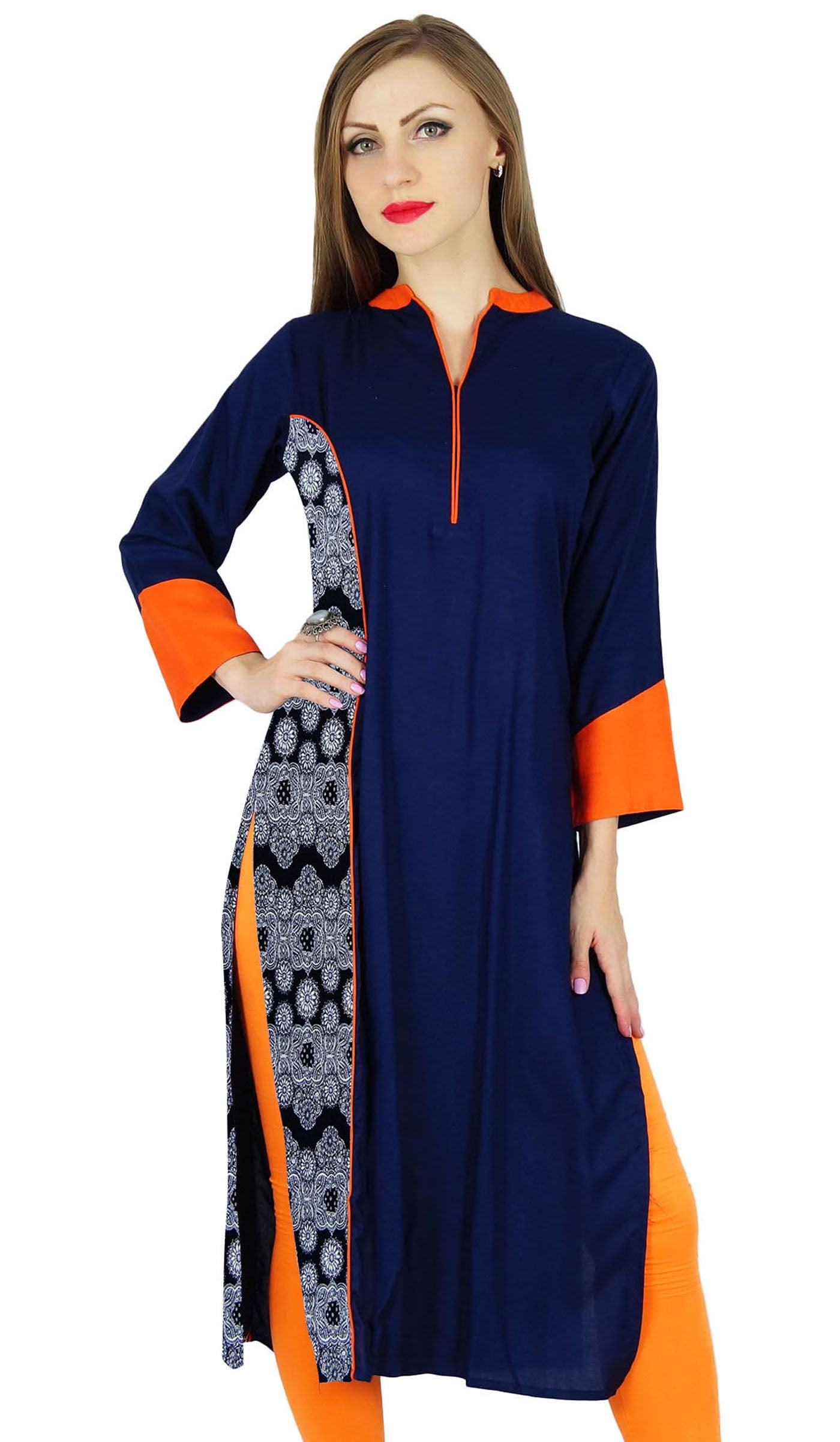 Bimba Women Blue Chic Style Tunic Indian Kurta Kurti Boho Collar Neck ...