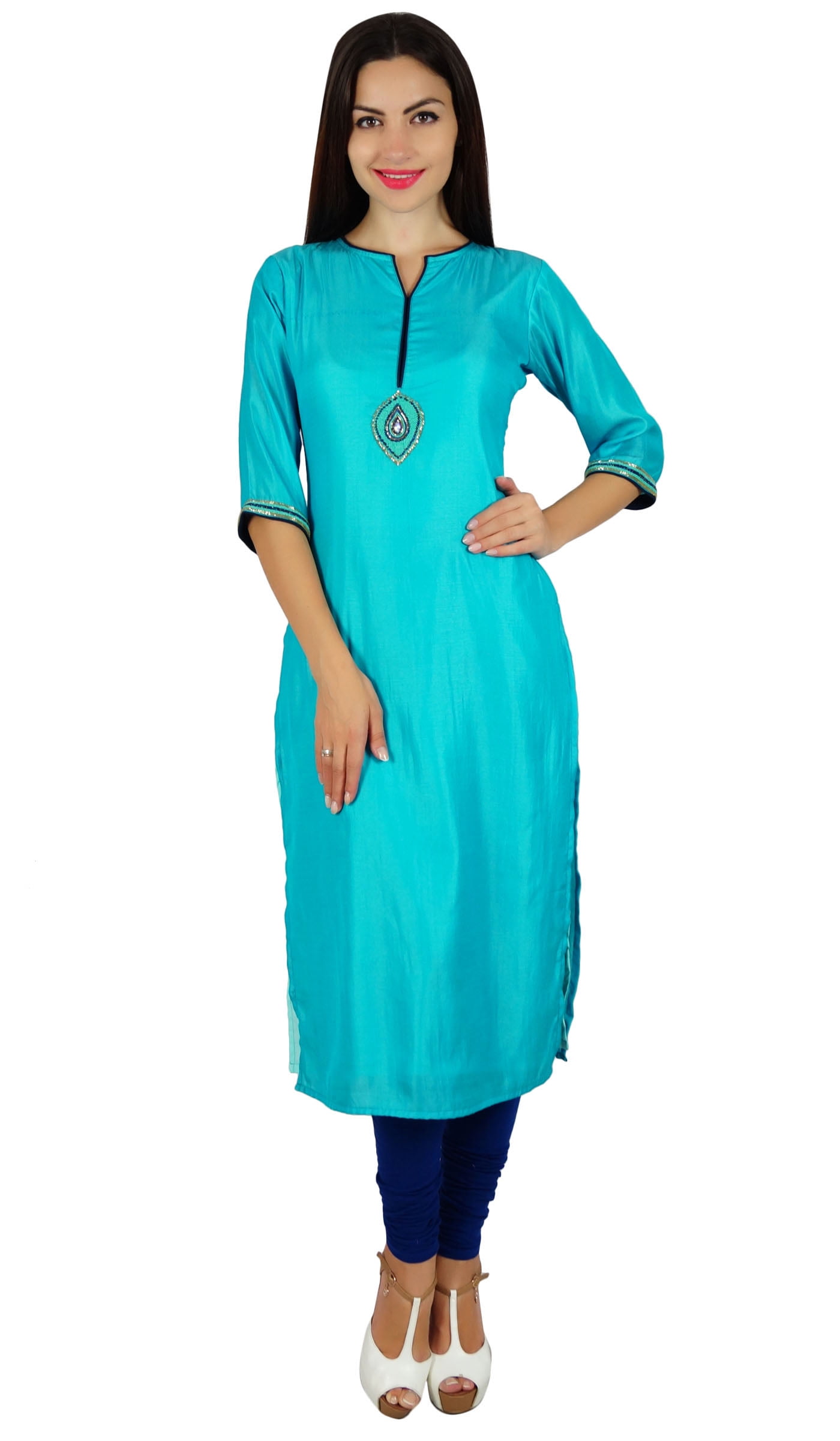 Bimba Women Blue Chic Style Tunic Indian straight Kurta Kurti With Hand ...