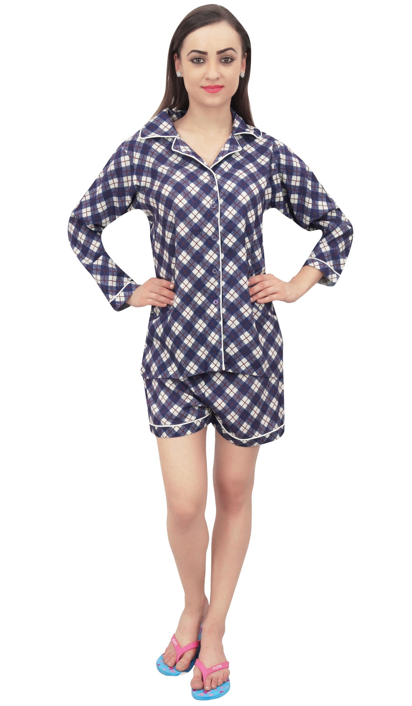 Bimba Women Check Print Sleepwear Shirt With Elastic Shorts 2 Pcs Night ...