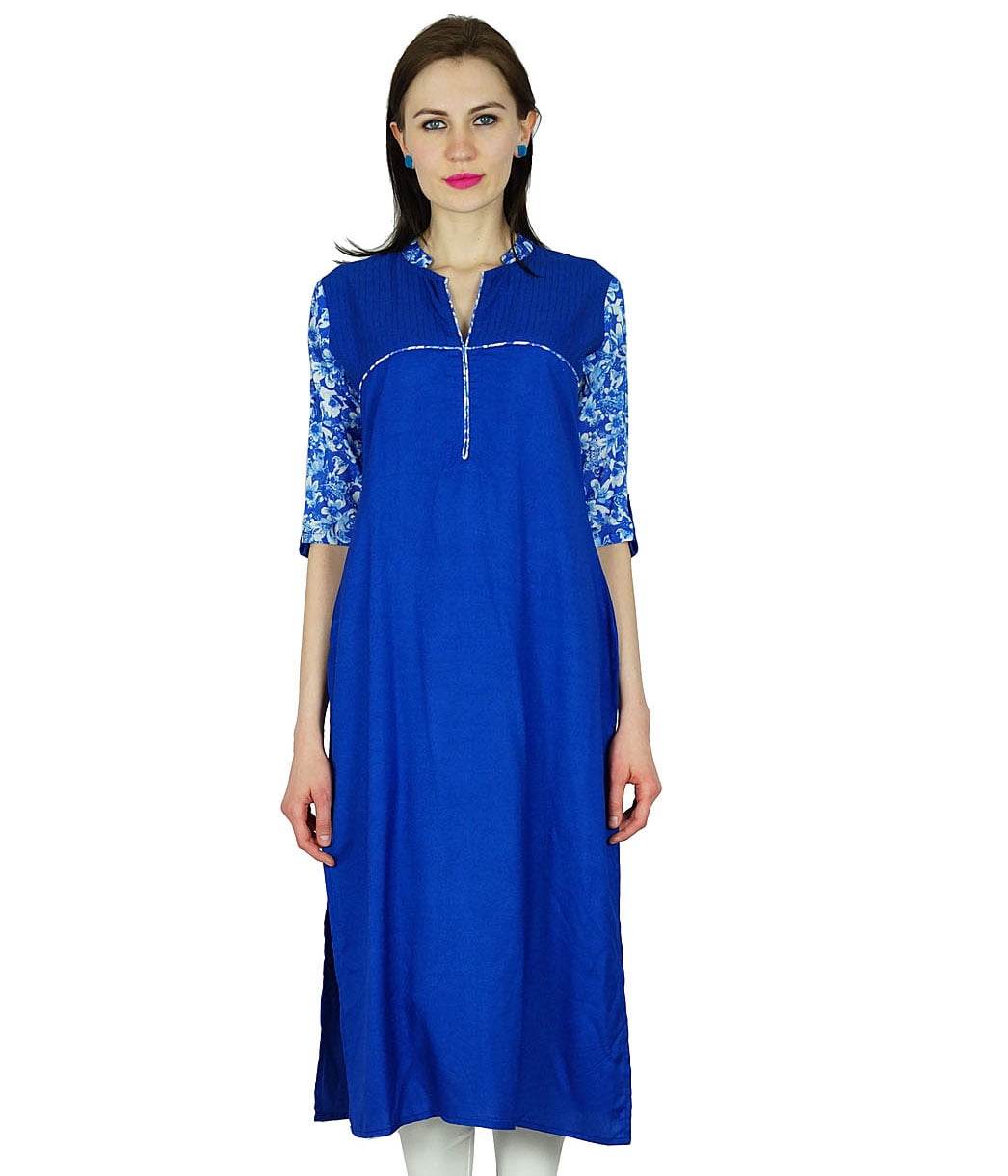 Bimba Women Chic Long Kurta Kurti Ethnic Indian Tunic 3/4 Sleeve Blouse ...