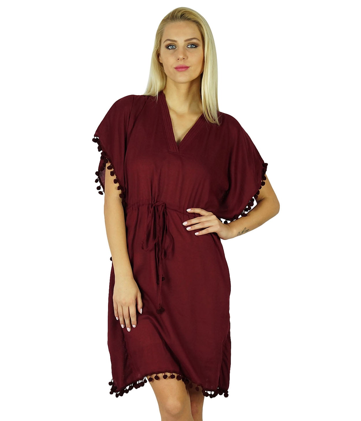 Bimba Women Cotton Kaftan With Pom Pom Tassels Short Caftan Beach ...