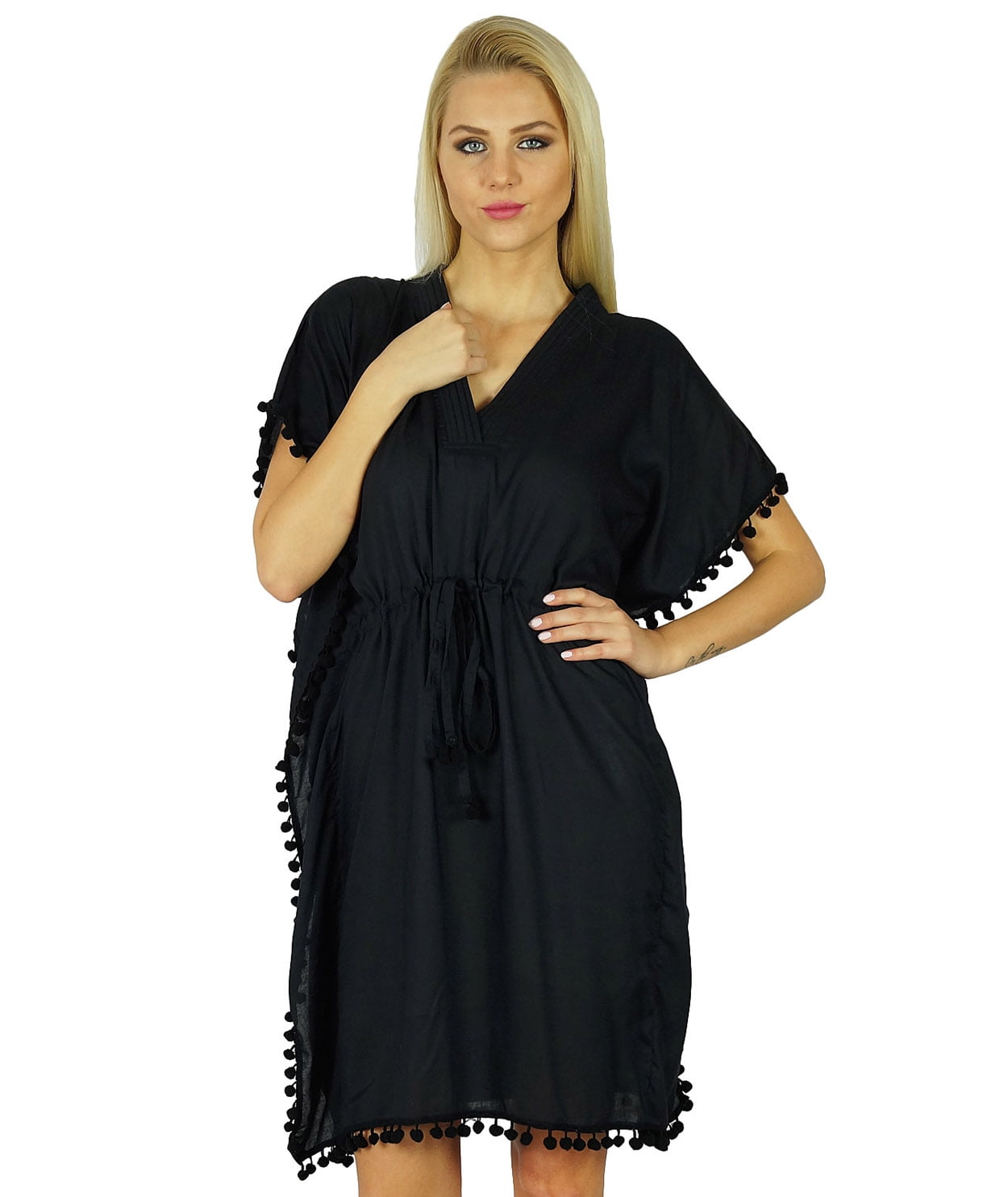 Bimba Women Cotton Kaftan With Pom Pom Tassels Short Caftan Beach ...