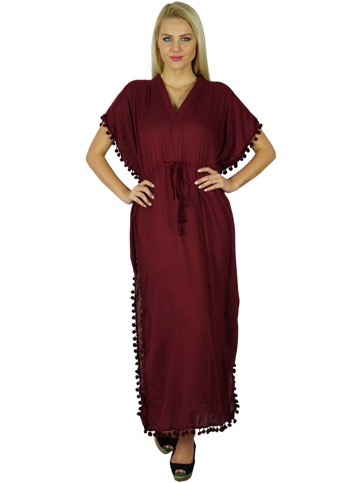 Bimba Women Cotton Long Kaftan With Pom Pom Tassels Maxi Caftan Beach ...