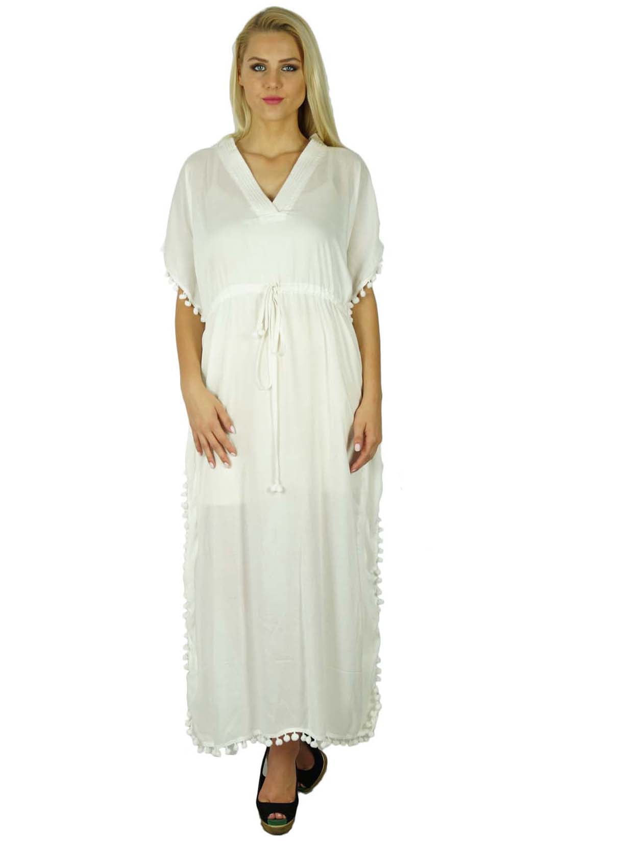 Bimba Women Cotton Long Kaftan With Pom Pom Tassels Maxi Caftan Beach ...
