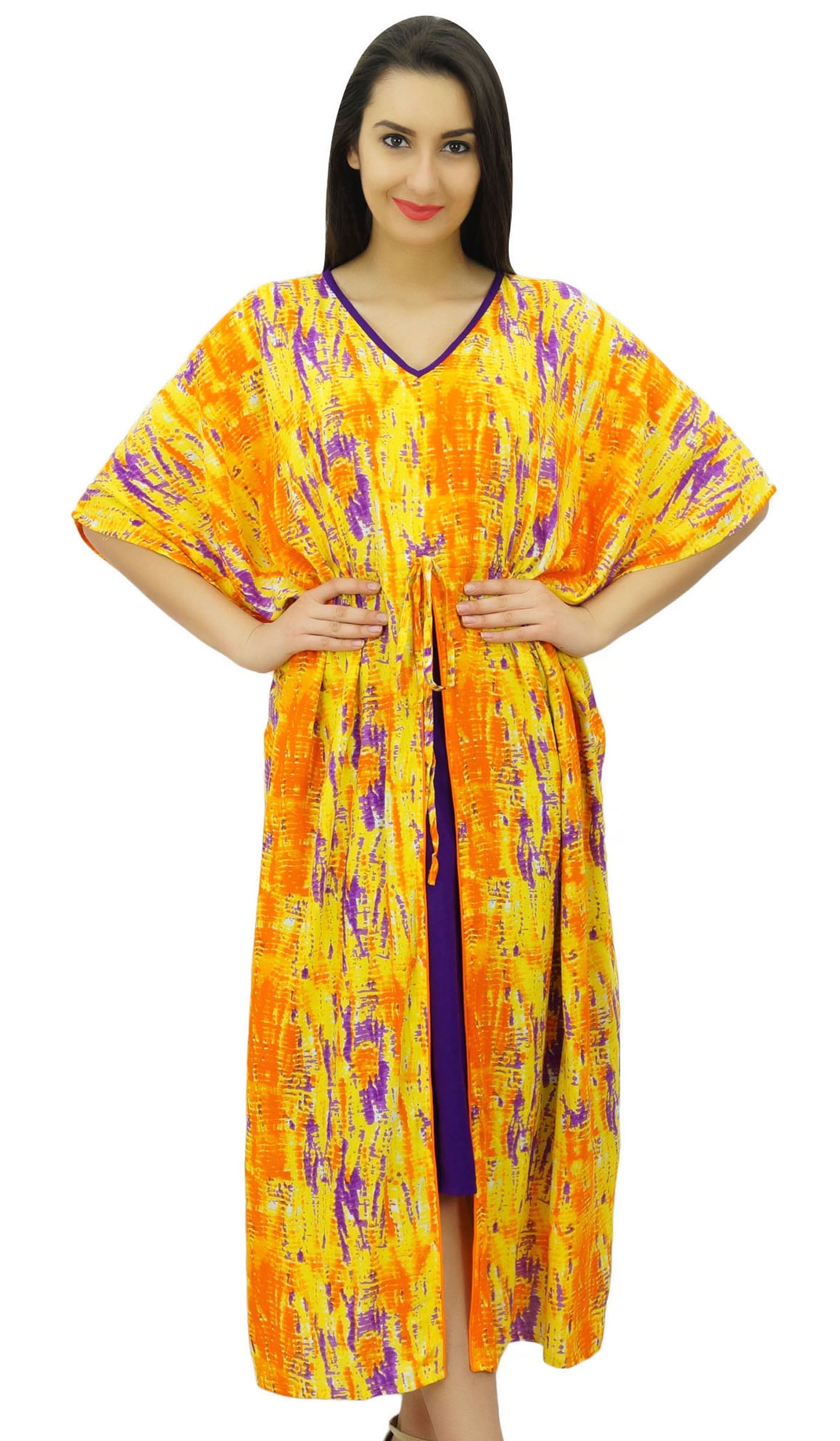 Bimba Women Cotton Long Kaftan With Pom Pom Tassels Maxi Caftan Beach ...