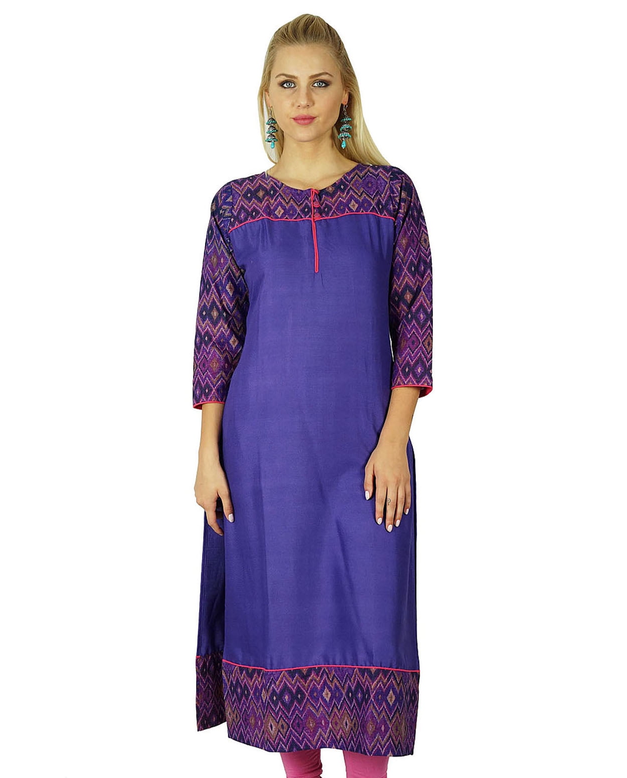 Bimba Women Cotton Purple Kurta Kurti Ethnic Ikat Print Indian 3/4 ...