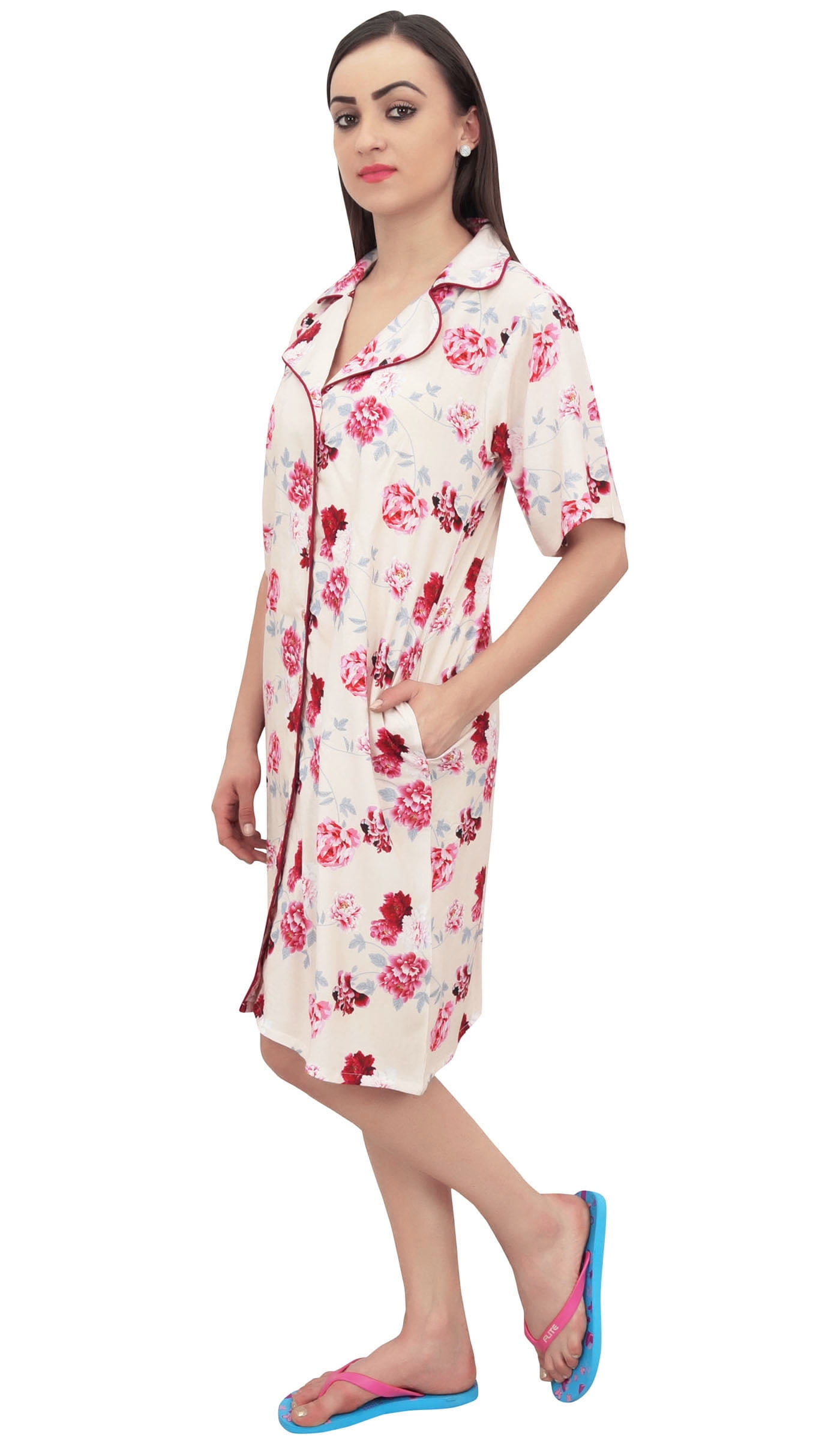 Bimba Women Floral Print Peach Sleepshirt Short Sleeve Nightwear With ...