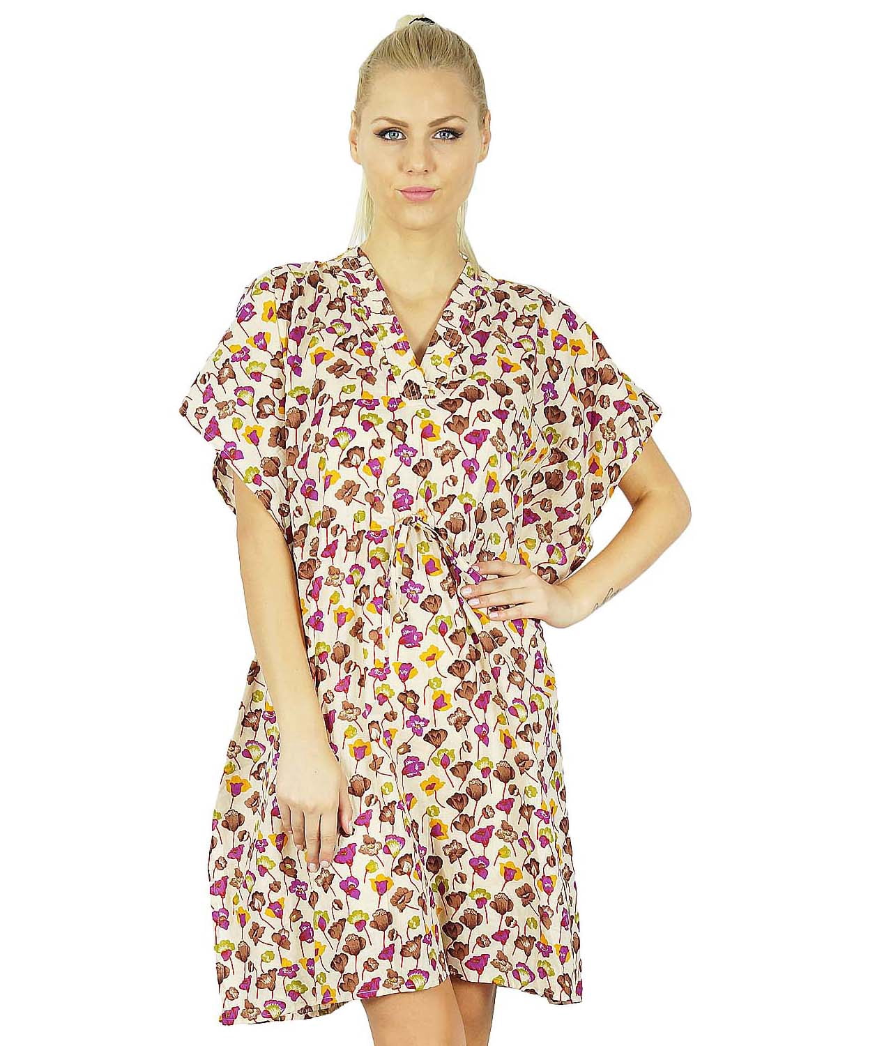 Bimba Women Floral Printed Cotton Kaftan Dress Short Tunic Beach Caftan ...
