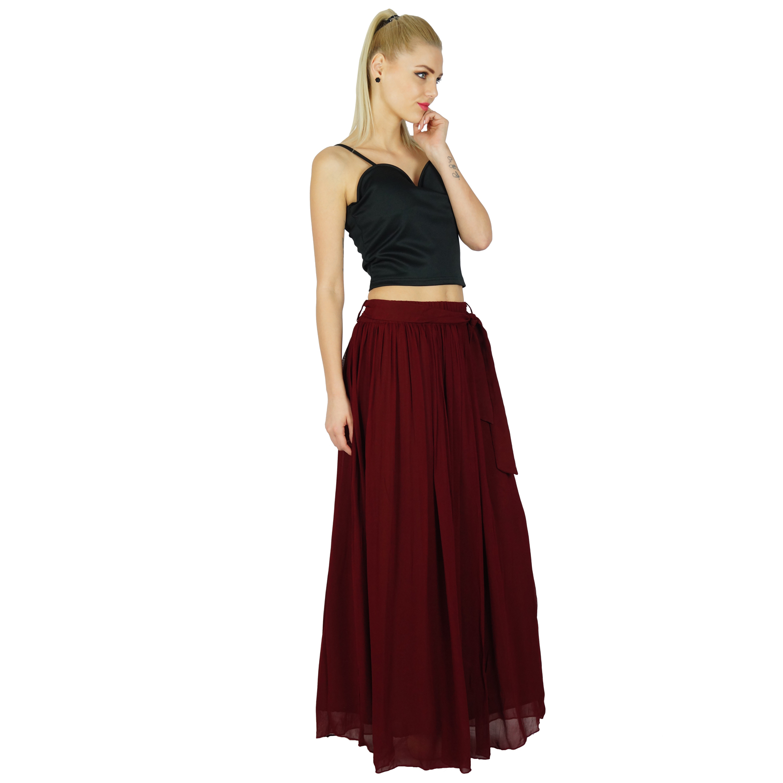Bimba Women Long Maroon Maxi Skirt Tulip Style Georgette Boho Bottoms ...