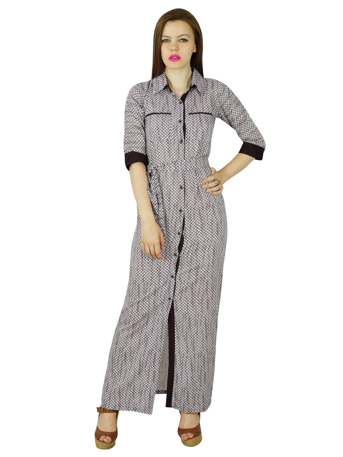 Bimba Women Long Shirt White Rayon Maxi Dress Button Down Gown Chic ...