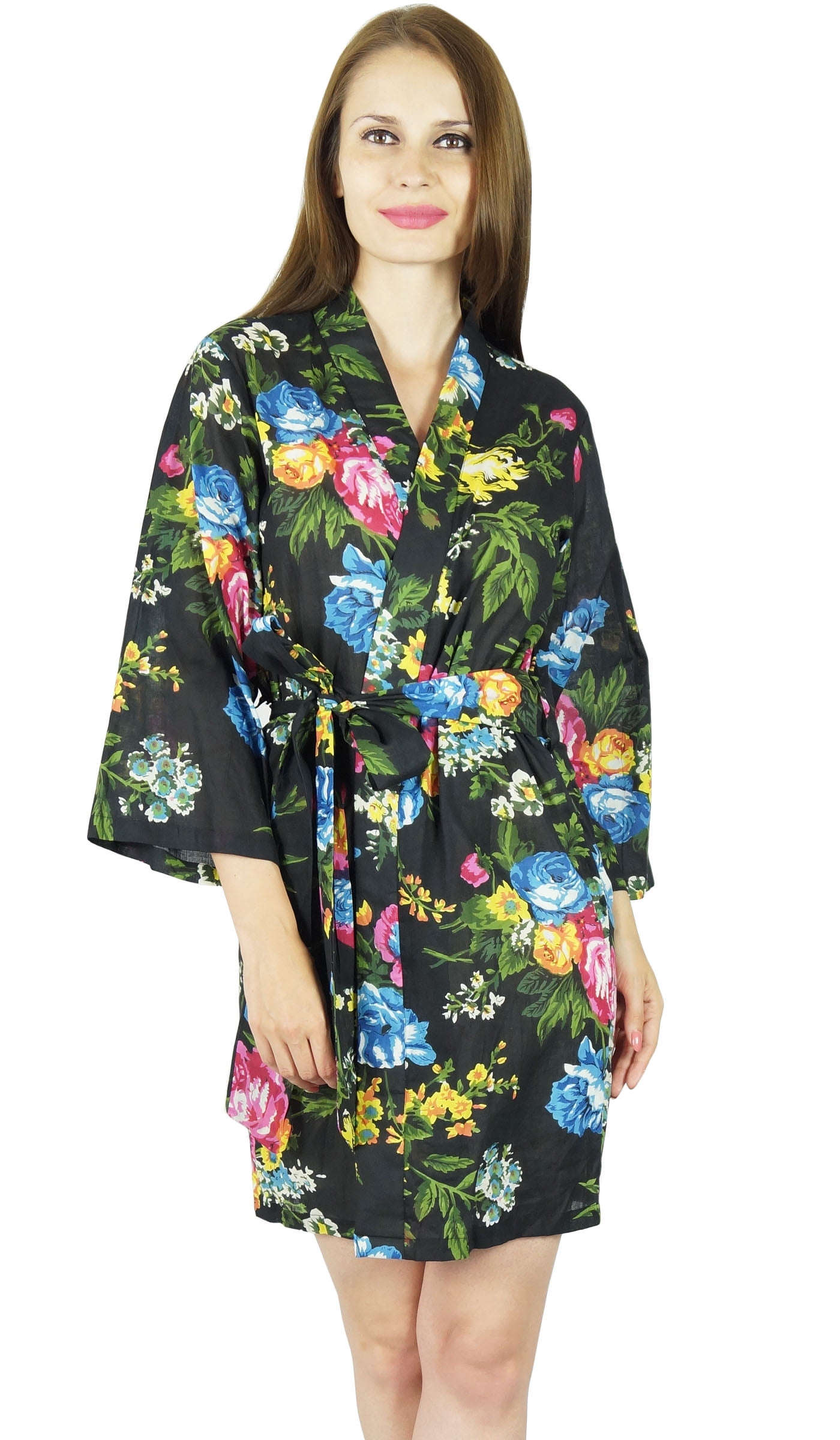 Bimba Women Short Cotton Robe Floral Print Getting Ready Bridesmaid ...