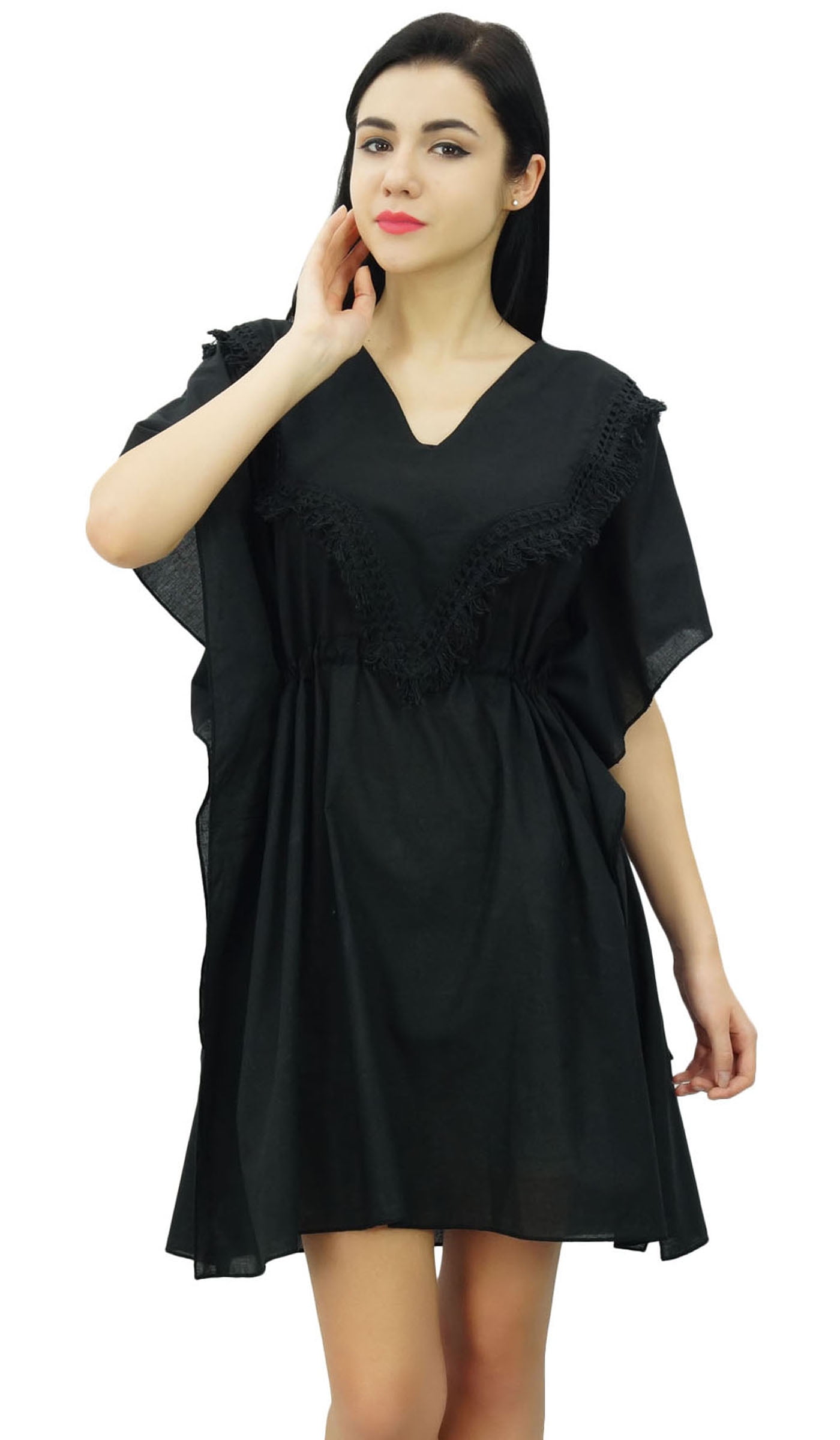 Bimba Women Short Kaftan Cotton Summer Drawstring Waist Beach Coverup ...