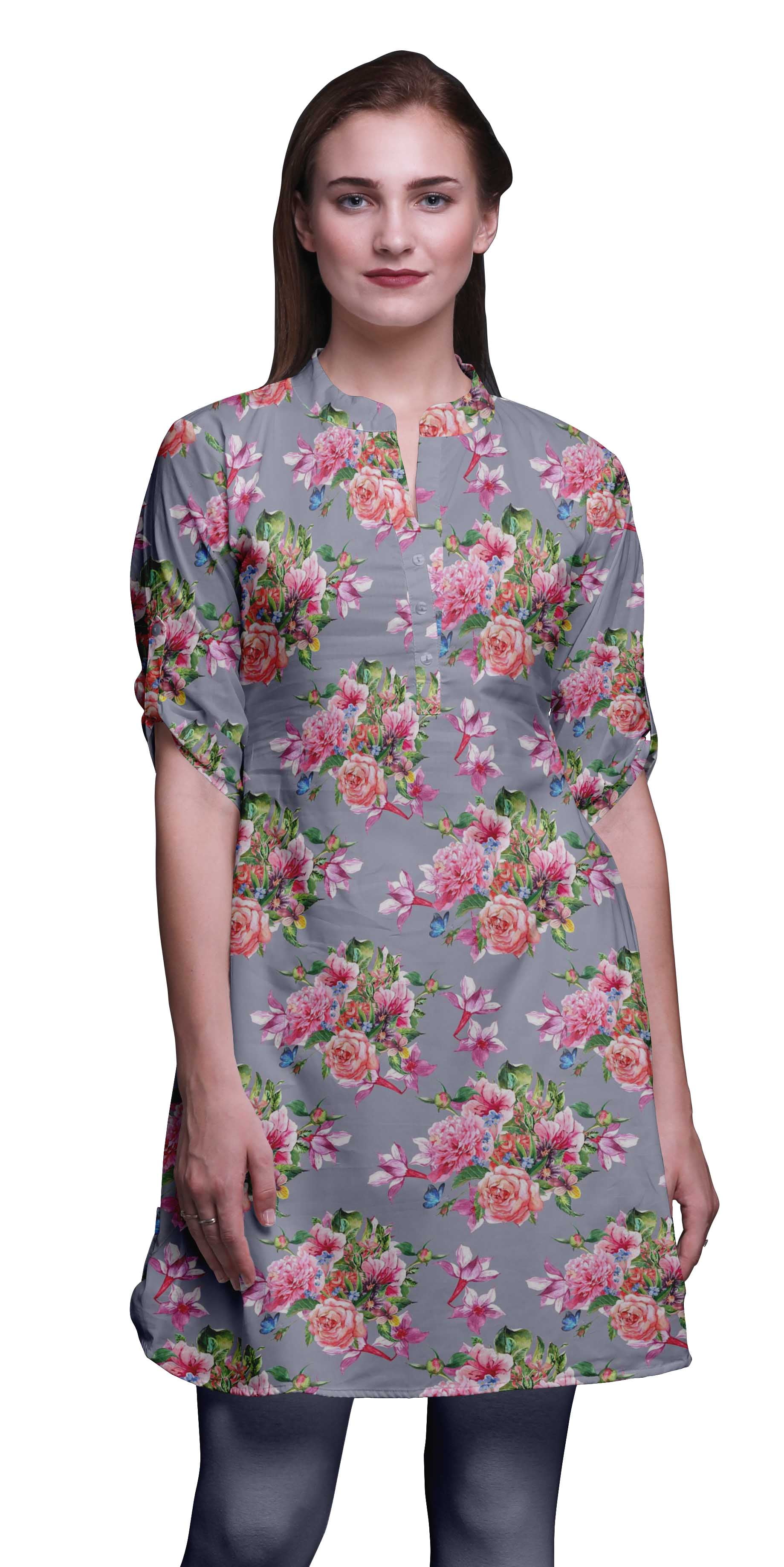 Bimba Women Straight Kurta Mandarin Collar Printed Dress Short Kurti ...