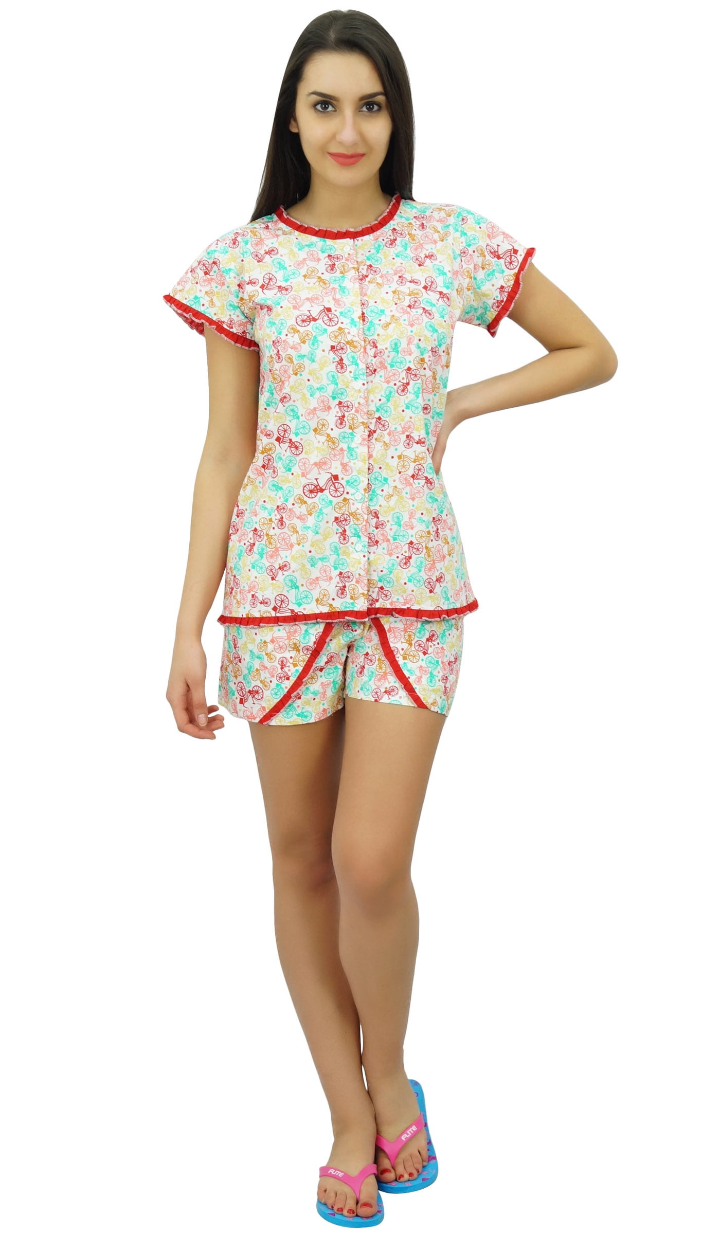 Bimba Women's Cotton Nightwear Button-Down Top With Shorts Cute Night ...