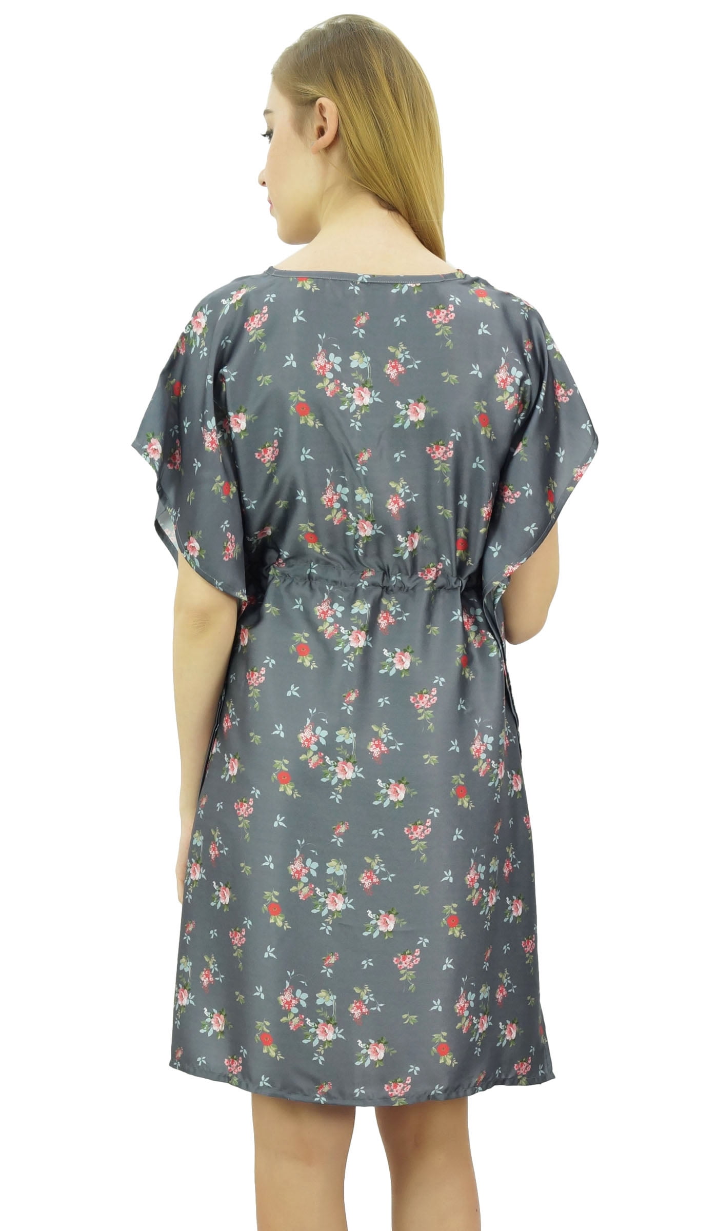 Bimba Women's Floral Gray Satin Kimono Bridesmaid Drawstring Cover Up ...