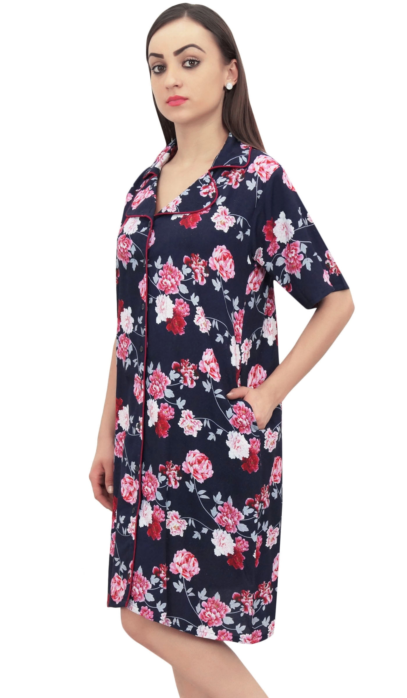 Bimba Women's Floral Print Blue Sleepshirt Short Sleeve Loose Nightwear ...