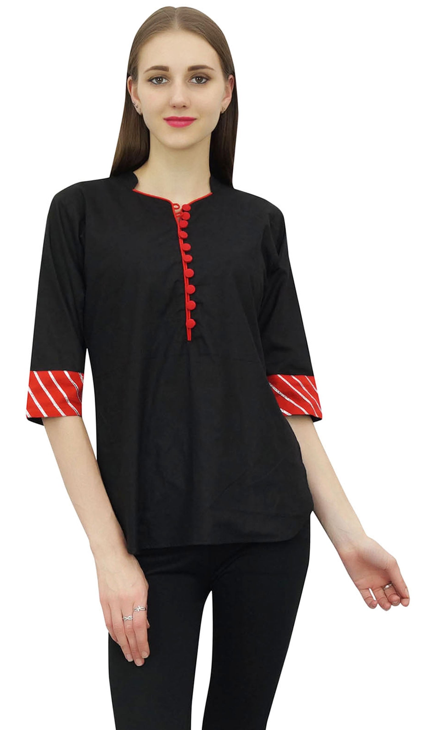 Bimba Women's Full Sleeve Cotton Tunic Band Collar Button Down Black ...