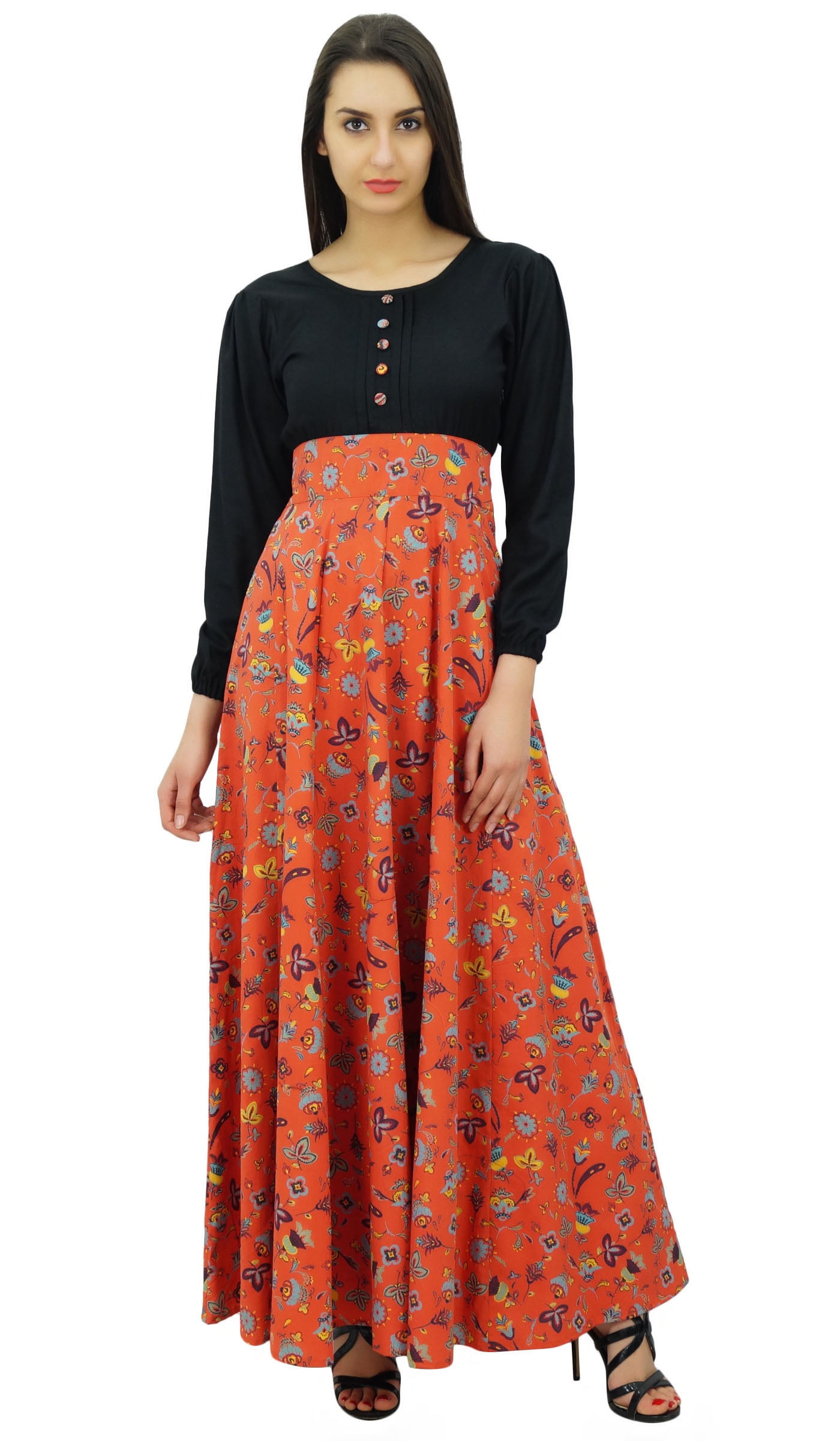 Bimba Women's Full-Sleeve Floral Round Neck Long Dress Boho Gothic Maxi ...