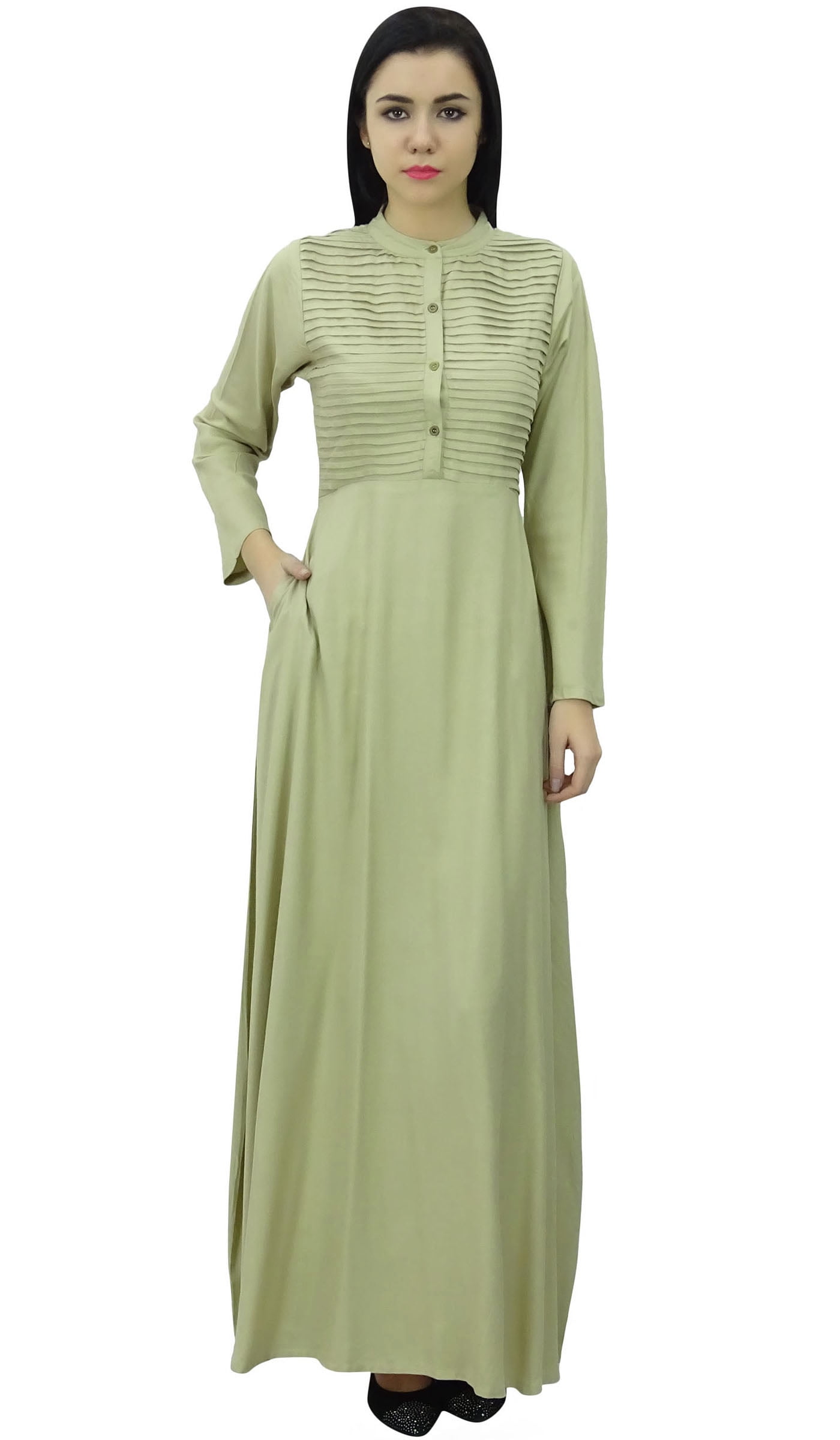 Bimba Women's Long Sleeve Maxi Mandarin Collar Plain Jilbab Dress With ...