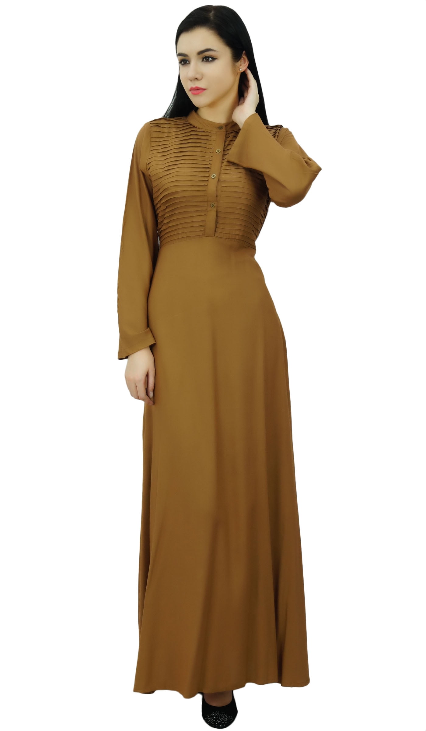 Bimba Women's Long Sleeve Maxi Mandarin Collar Plain Jilbab Dress With ...