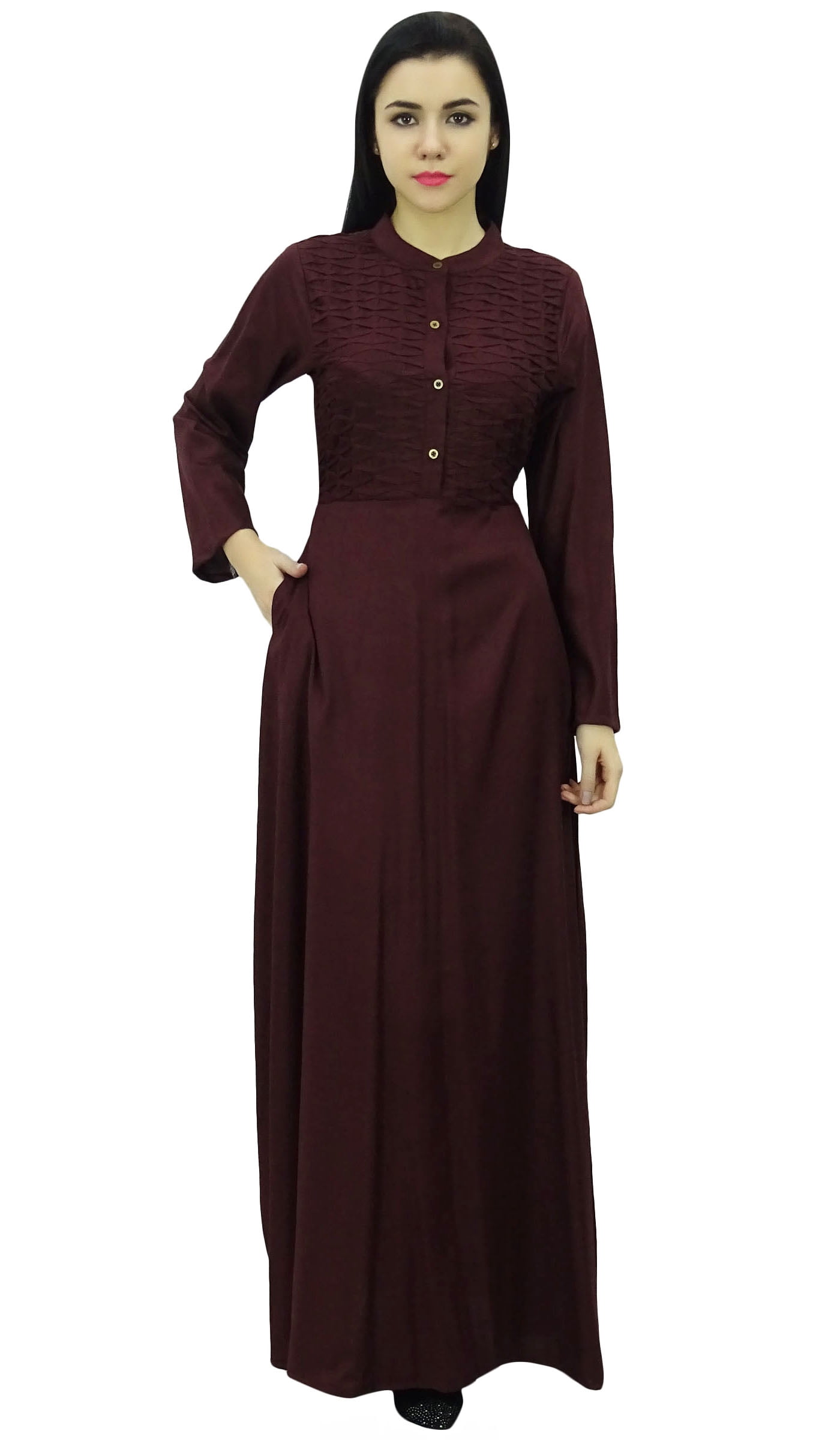 Bimba Women's Long Sleeve Maxi Mandarin Collar Plain Jilbab Dress With ...