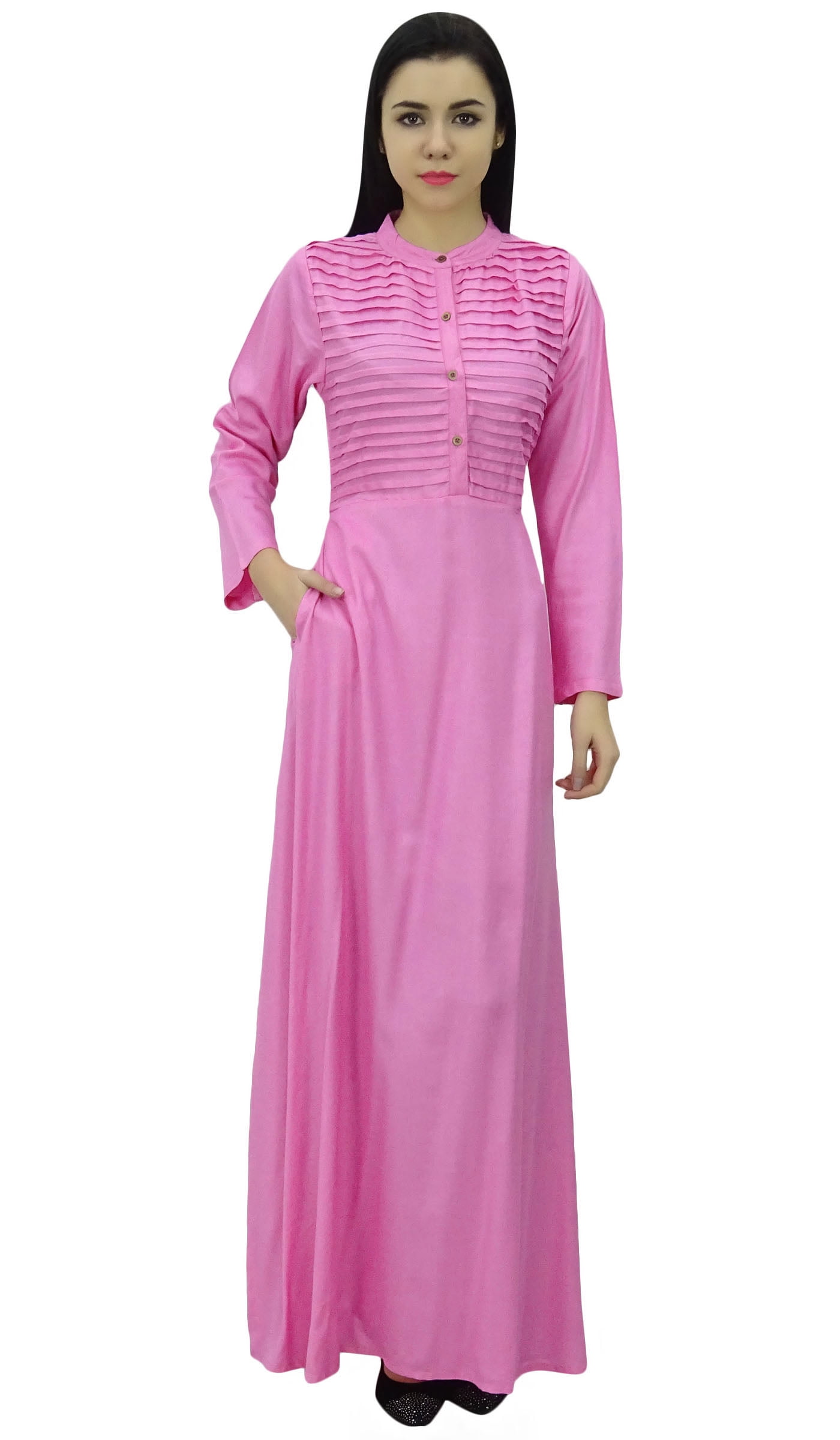 Bimba Women's Long Sleeve Maxi Mandarin Collar Plain Jilbab Dress With ...